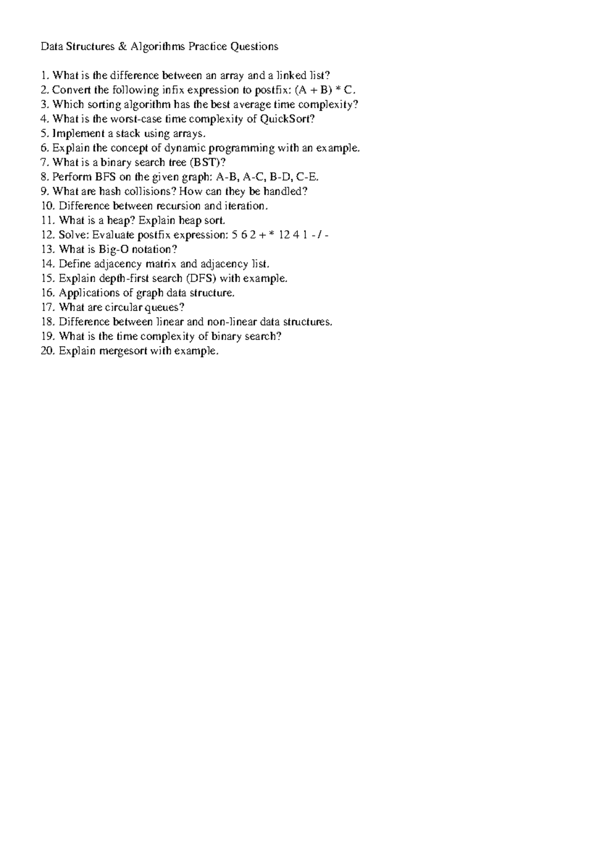 Data Structures & Algorithms Practice Questions (DSA 101) - Studocu
