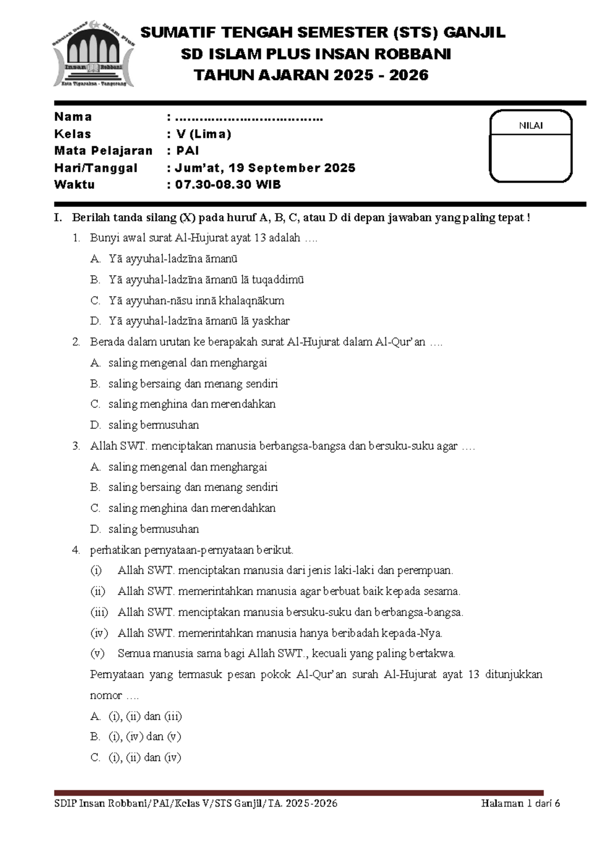 STS PAI V - Ujian Tengah Semester SD Islam Plus Insan Robbani 2025 ...