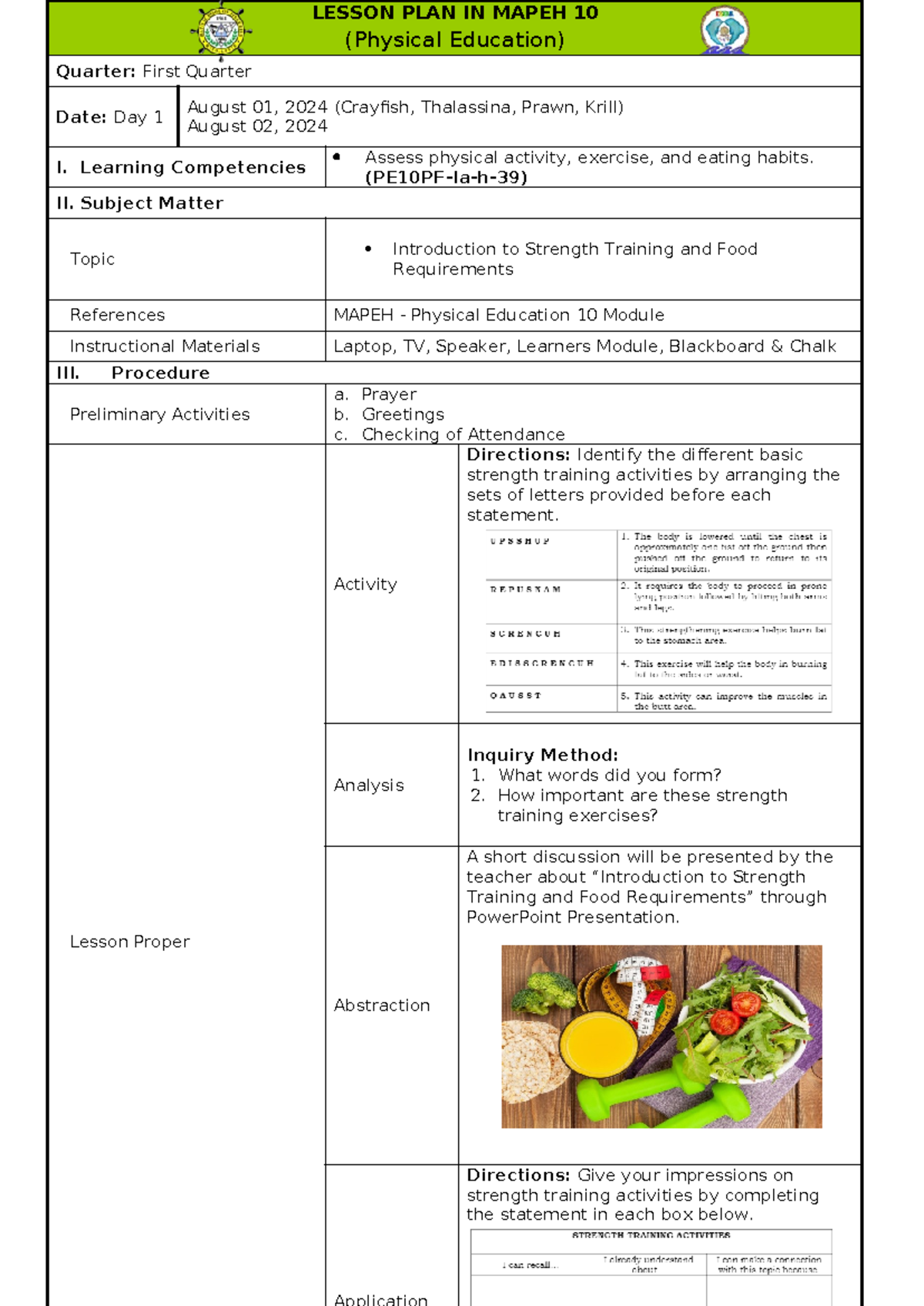 PE10 Q1 M1 - Physical Education 10 Lesson Plans and Activities - Studocu