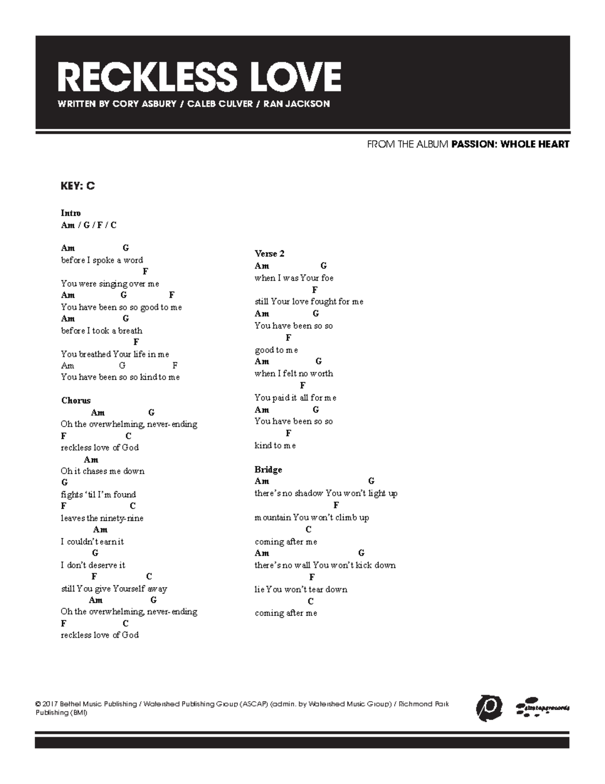 Passion Chord Chart: Reckless Love - Key of C - Studocu