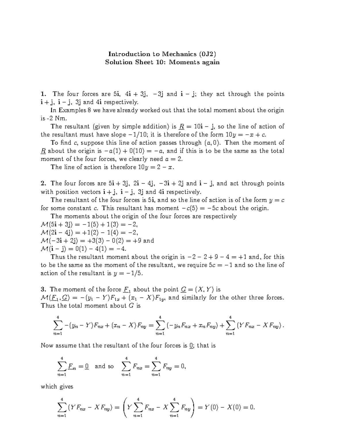 Introduction to Mechanics (0J2) Solutions for Tutorial Sheet 10 - Studocu
