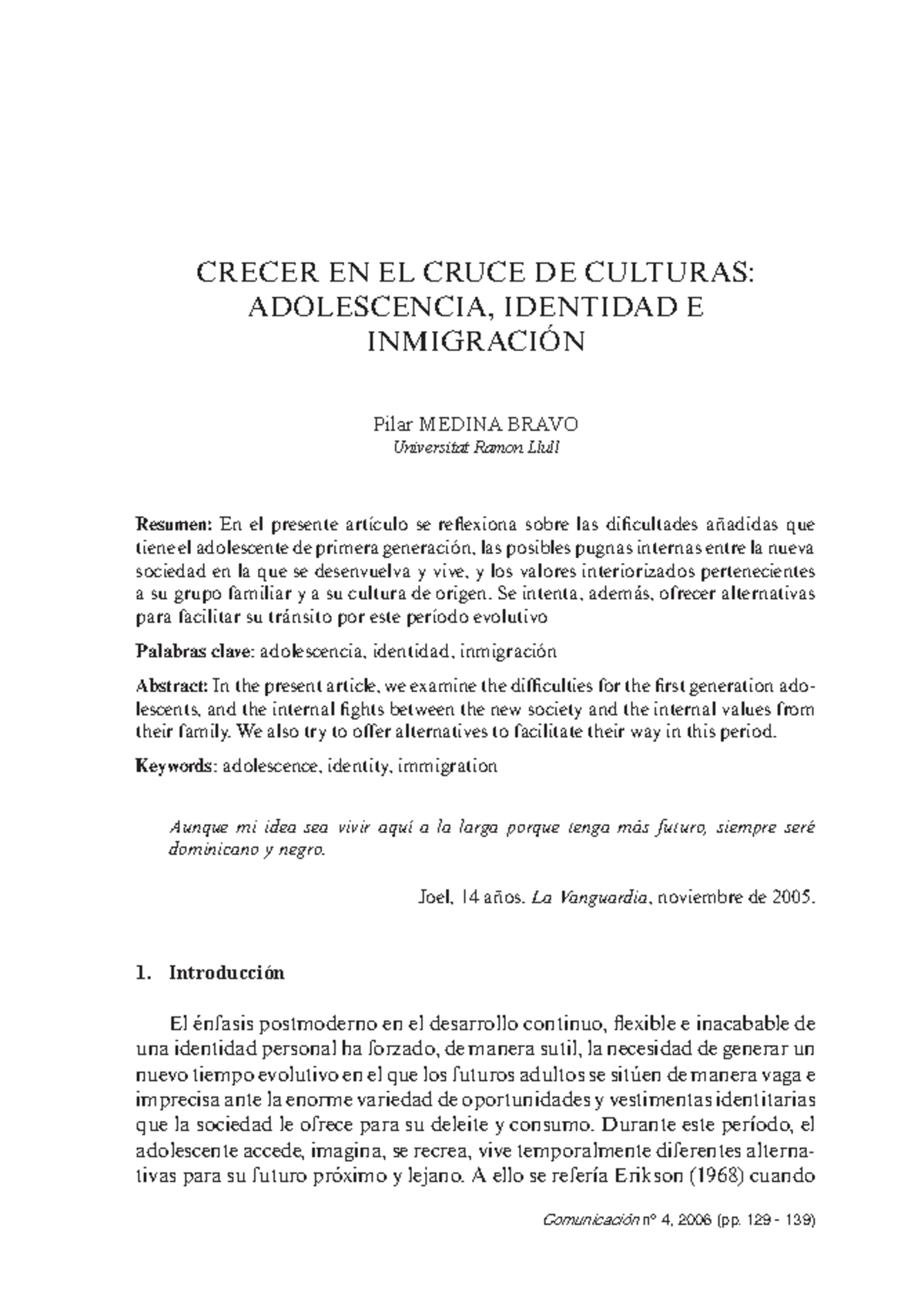 CRECER EN EL CRUCE DE CULTURAS: ADOLESCENCIA E INMIGRACIÓN - Studocu