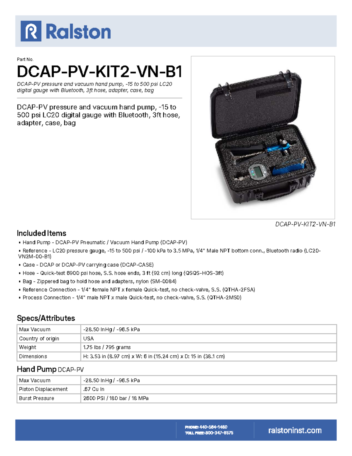 Ralston DCAP PV KIT2 VN B1: Pressure & Vacuum Hand Pump Specs - Studocu
