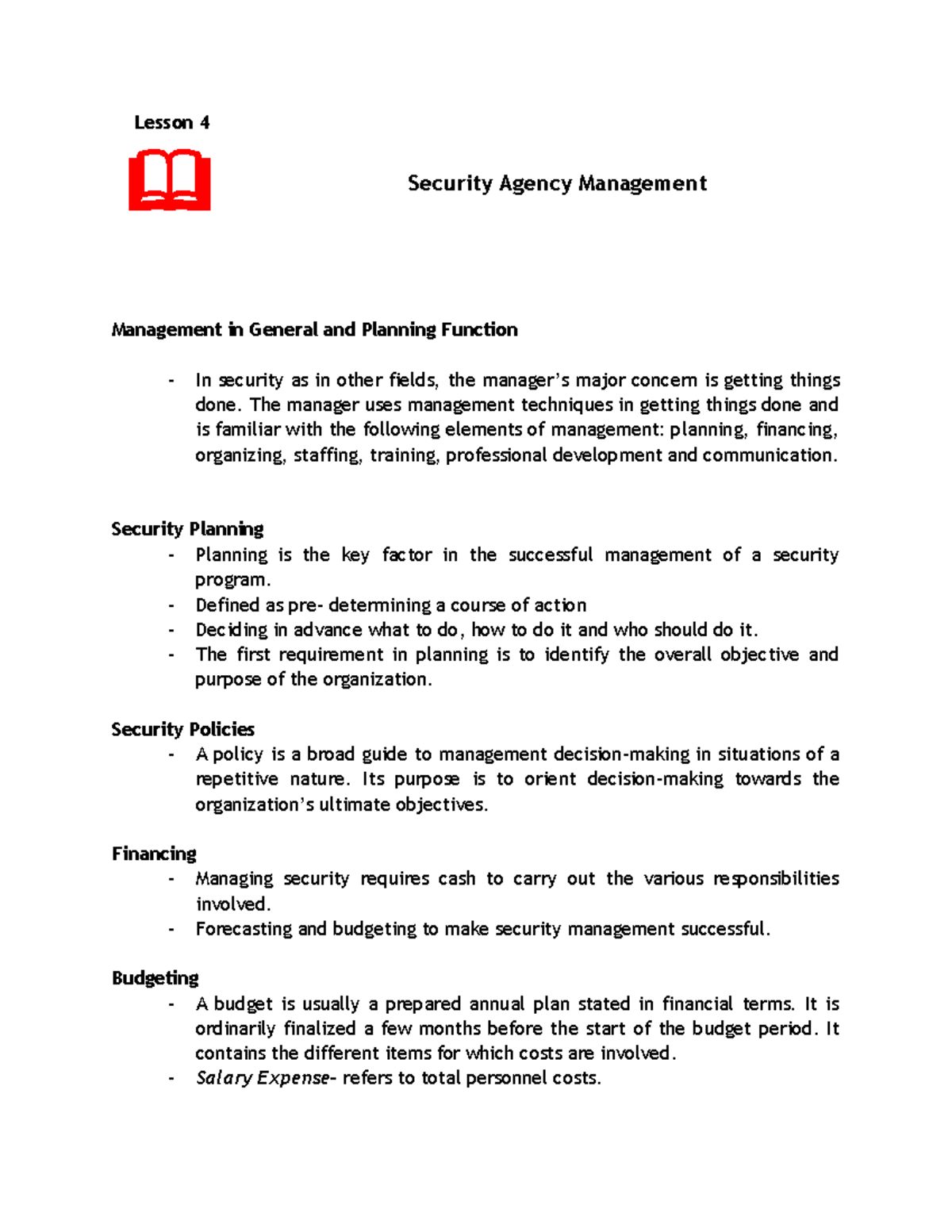 Security Management: Lesson 4 on Planning, Policies, and Financing ...