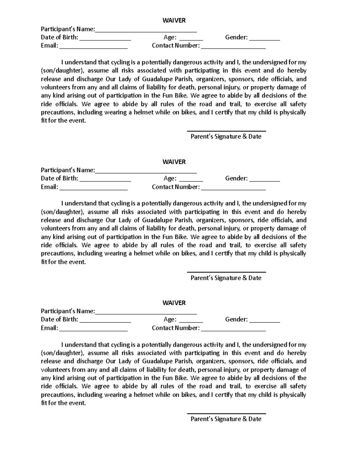 Fun Bike Participation Waiver Form - Practice Template - Studocu