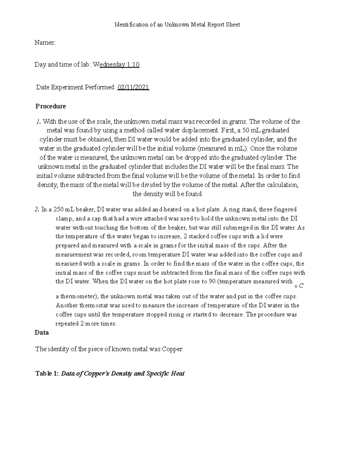 Identification of Unknown Metal: Density & Specific Heat Analysis - Studocu