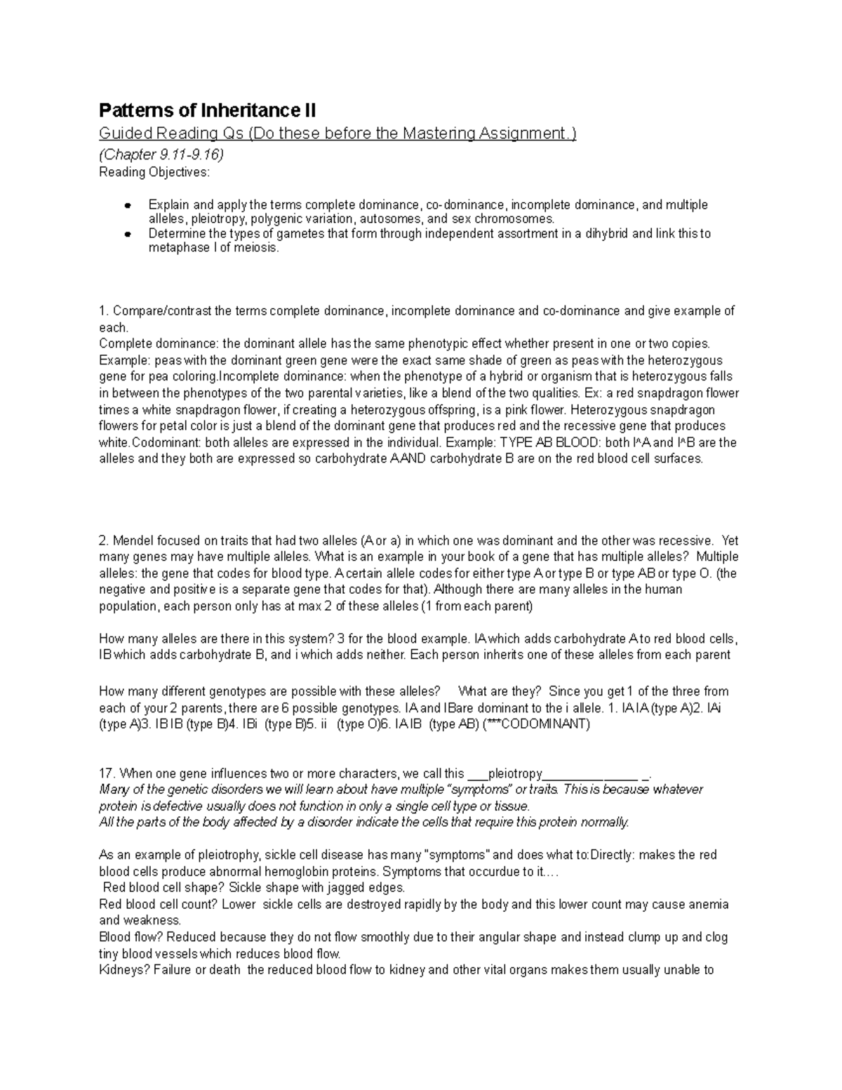 Biology GRQ's 12 L12 - Patterns of Inheritance II Guided Reading Qs (Do these before the ...