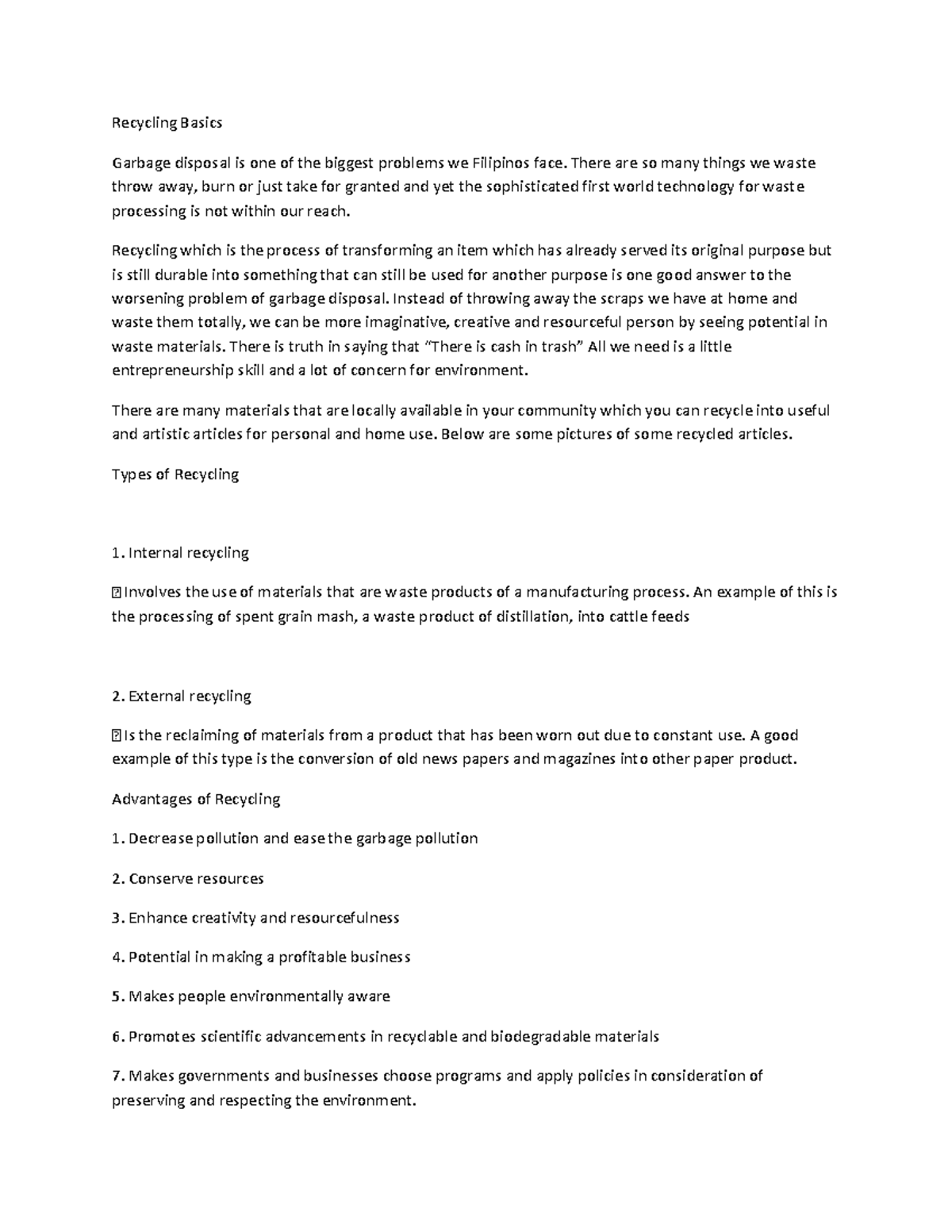 Recycling Basics - HANDICRAFT 7-8 LESSON 6 - Recycling Basics Garbage ...