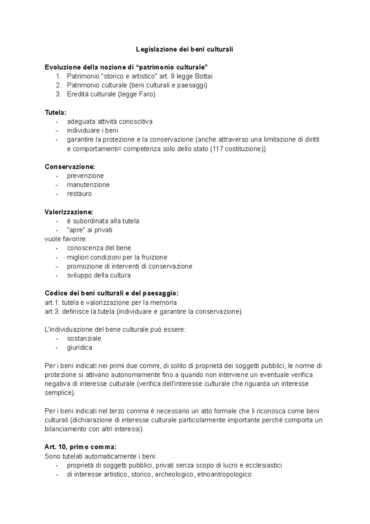 Legislazione dei Beni Culturali: Evoluzione e Tutela - Schema - Studocu