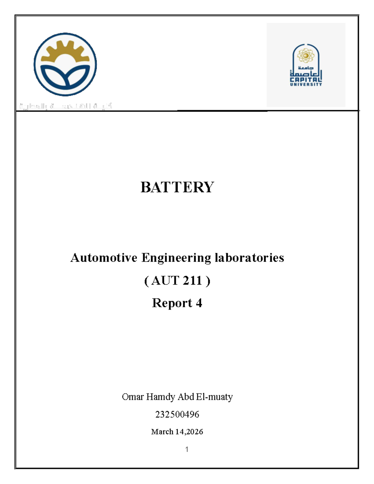 AUT 211 Battery Engineering Report 4 by Omar Hamdy - Studocu