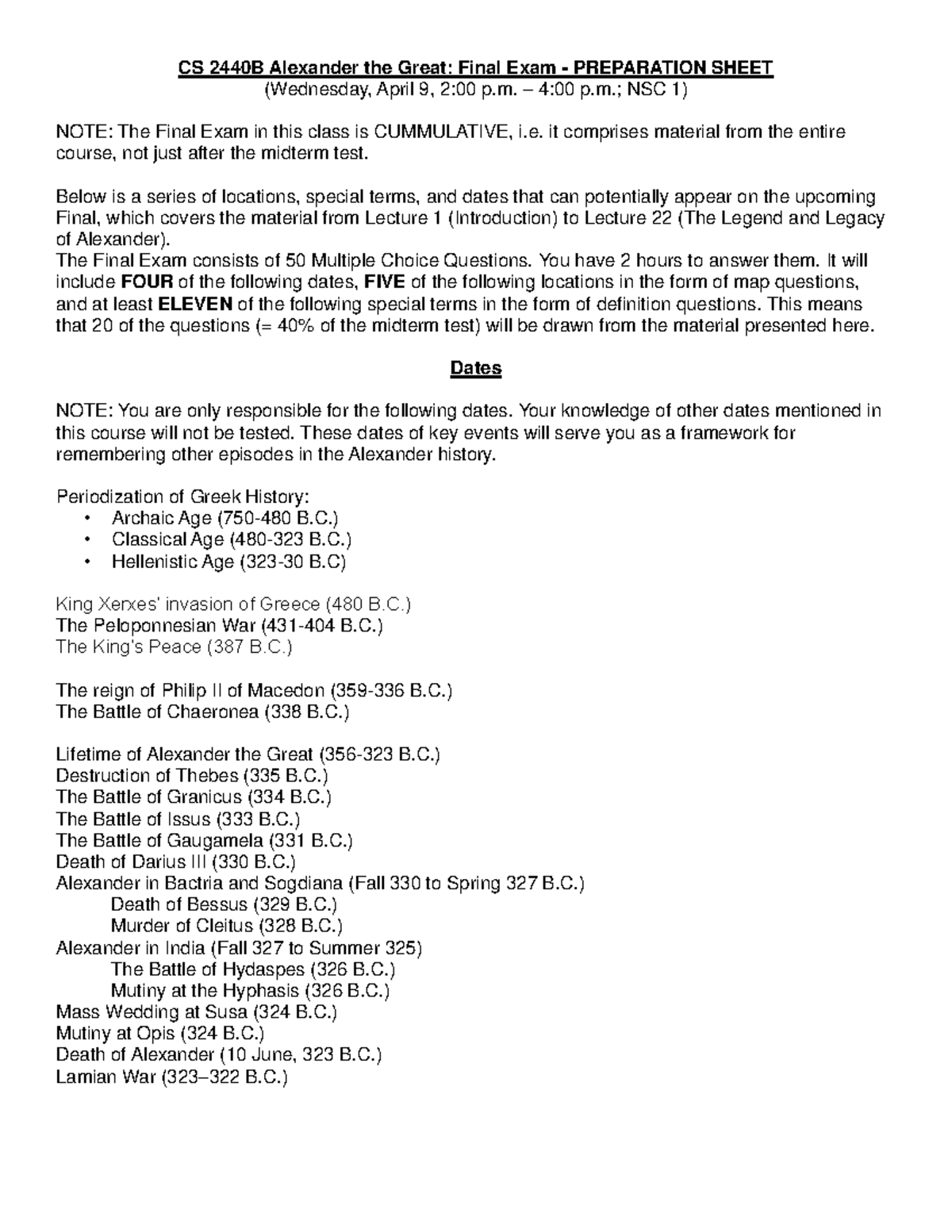 CS 2440B Alexander the Great: Cumulative Final Exam Prep Sheet 2025 ...