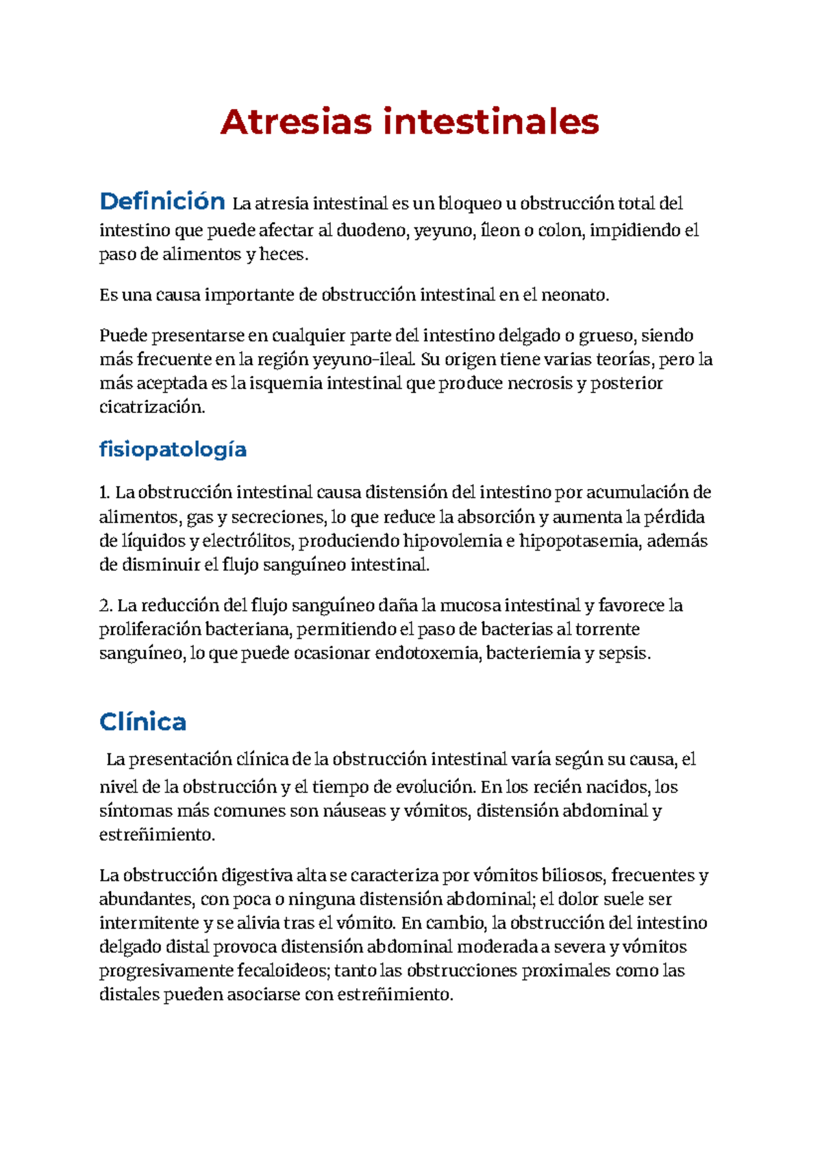 Atresia Intestinal: Definición, Diagnóstico y Tratamiento - Studocu