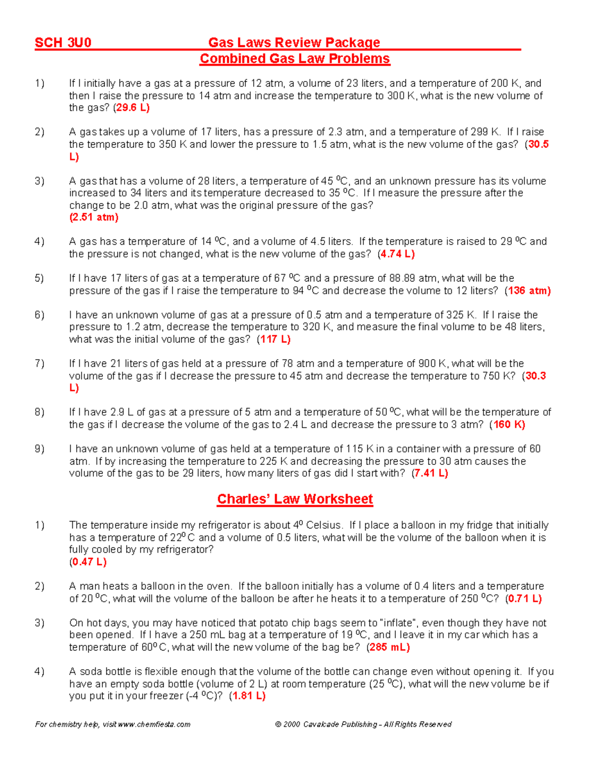 SCH 3U0 Gas Laws Review Package: Combined Gas Law Problems & Solutions ...