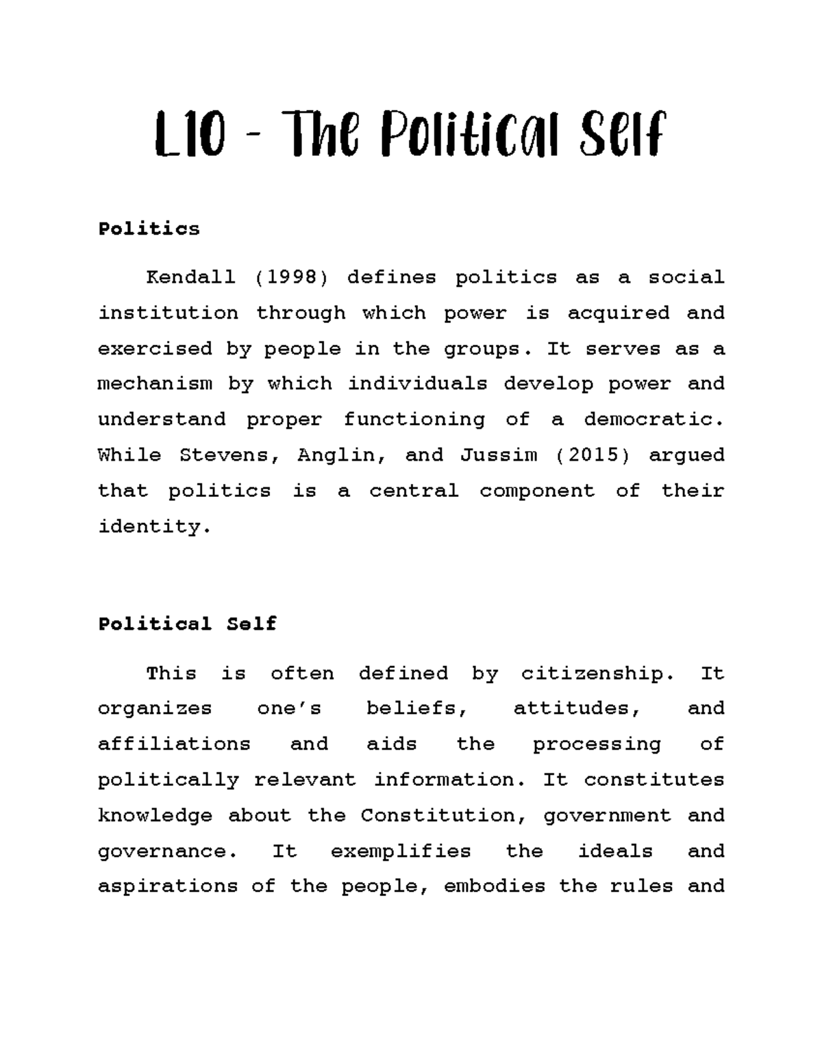 L10 - The Political Self - L10 - The Political Self Politics Kendall ...