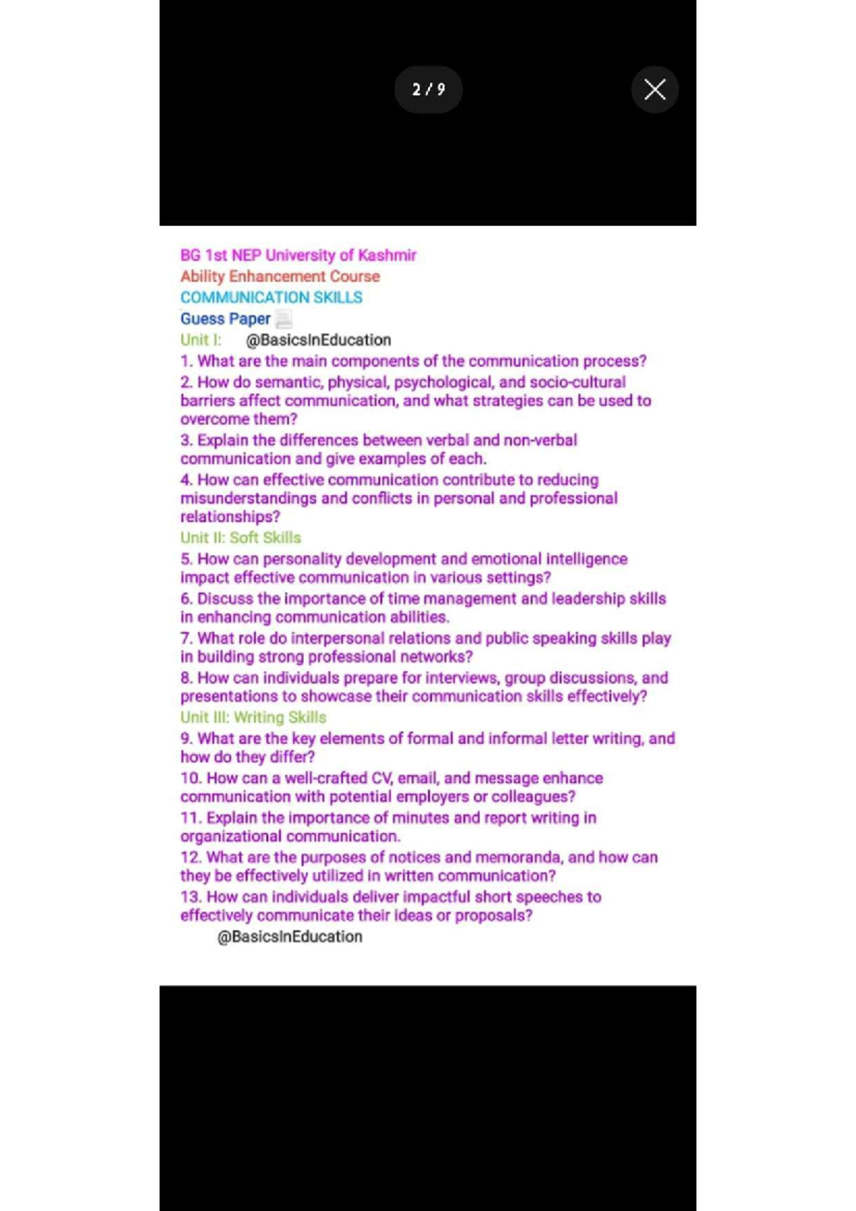 X BG 1st NEP University of Kashmir Communication Skills Guess Paper ...