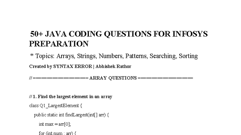 JAVA CODING QUESTIONS FOR INFOSYS PREPARATION: 50 Questions - Studocu