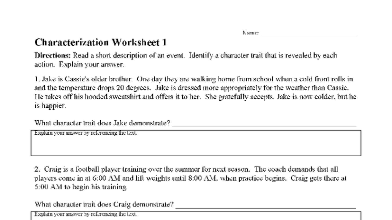 Characterization Worksheet 01: Analyzing Character Traits - Studocu