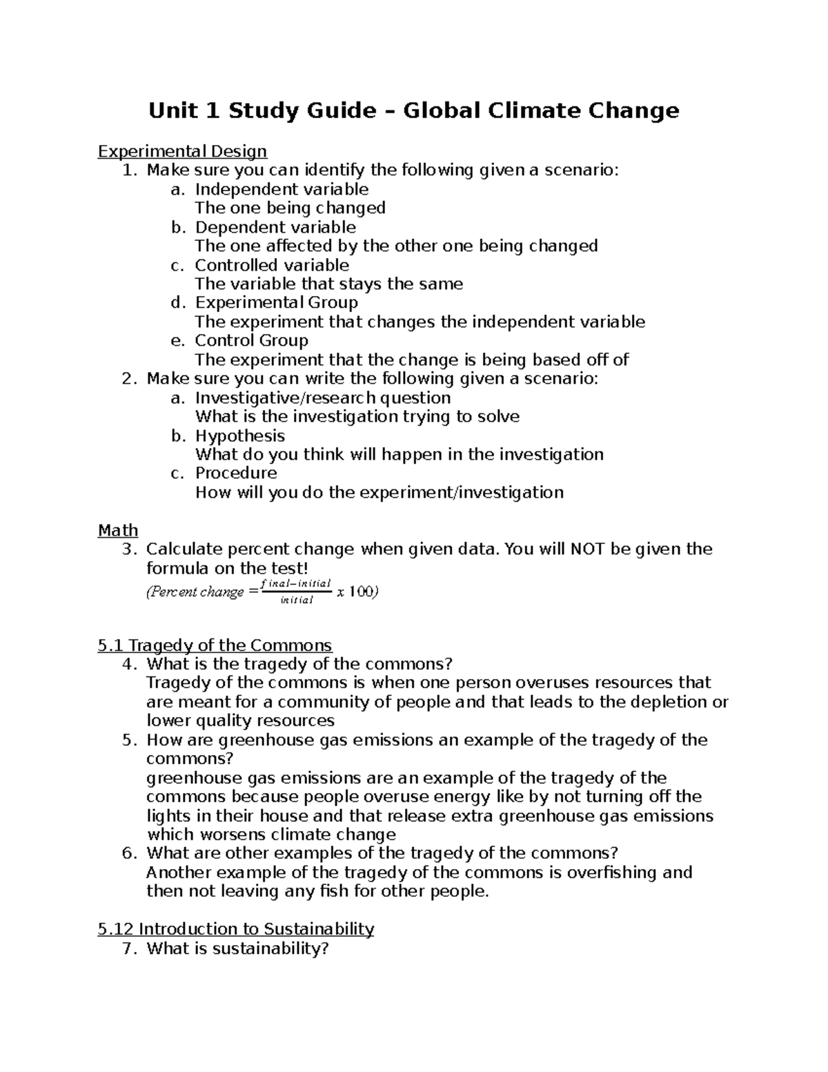 Unit 1 Study Guide: Global Climate Change & Energy Resources - Studocu