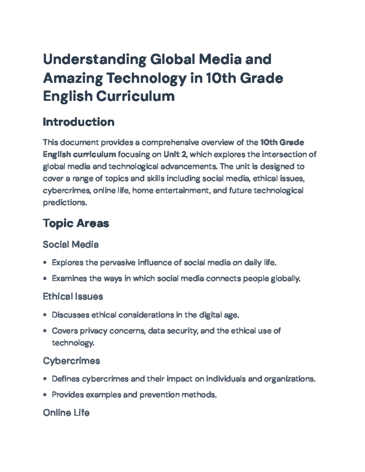 10th Grade English Curriculum: Unit 2 - Global Media & Tech Insights ...