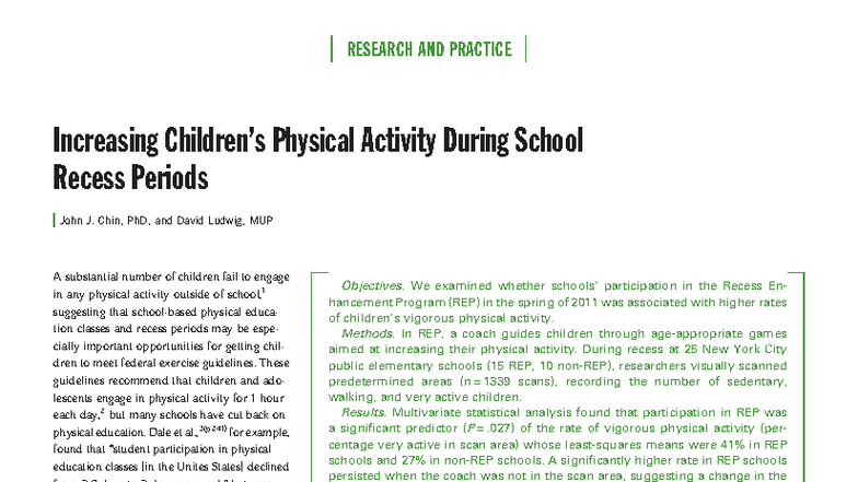 Increasing Physical Activity in Schools: Insights from REP (Chan ...