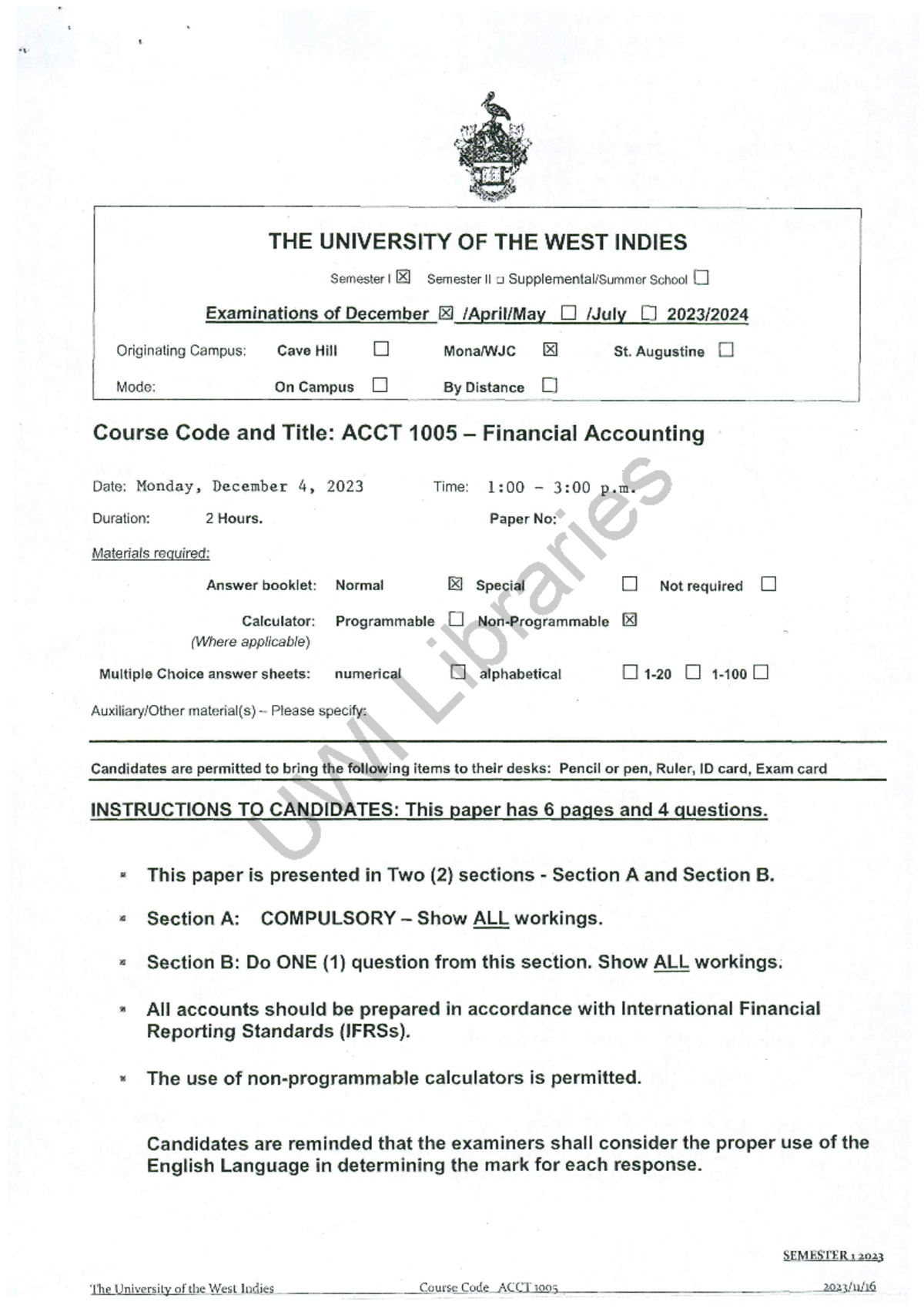 ACCT1005 Final Exam - Financial Accounting Past Paper 2023 - Studocu