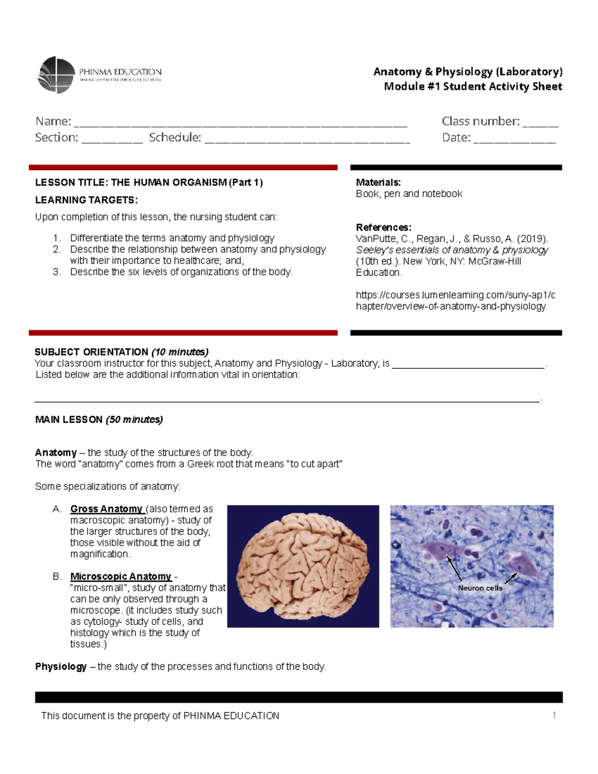 Anatomy & Physiology NUR 101 - Module 1 Student Activity Sheet - Studocu