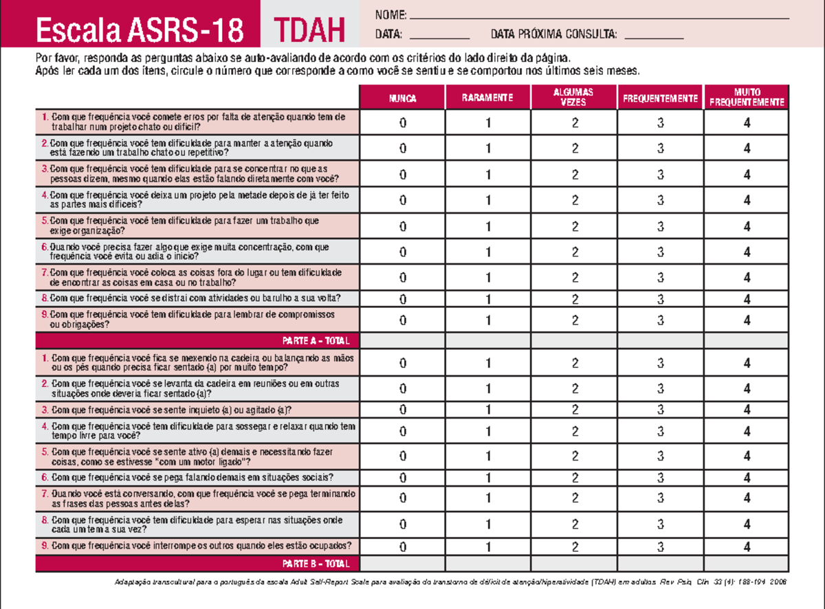 ASRS-18 - Escala tdah adulto - Escala ASRS-18 TDAH Por favor, responda ...