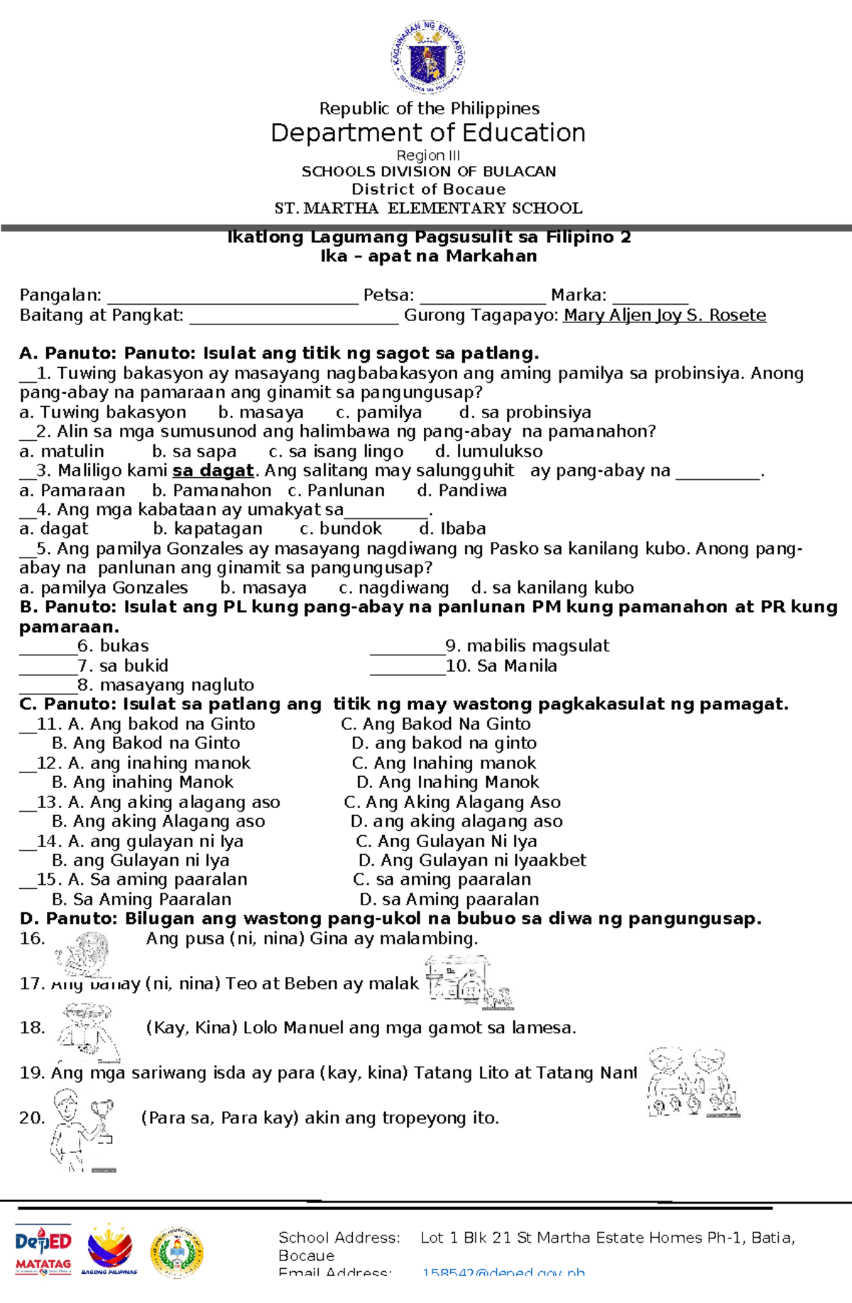 Third Summative Test in Filipino 2 - Fourth Quarter - Studocu