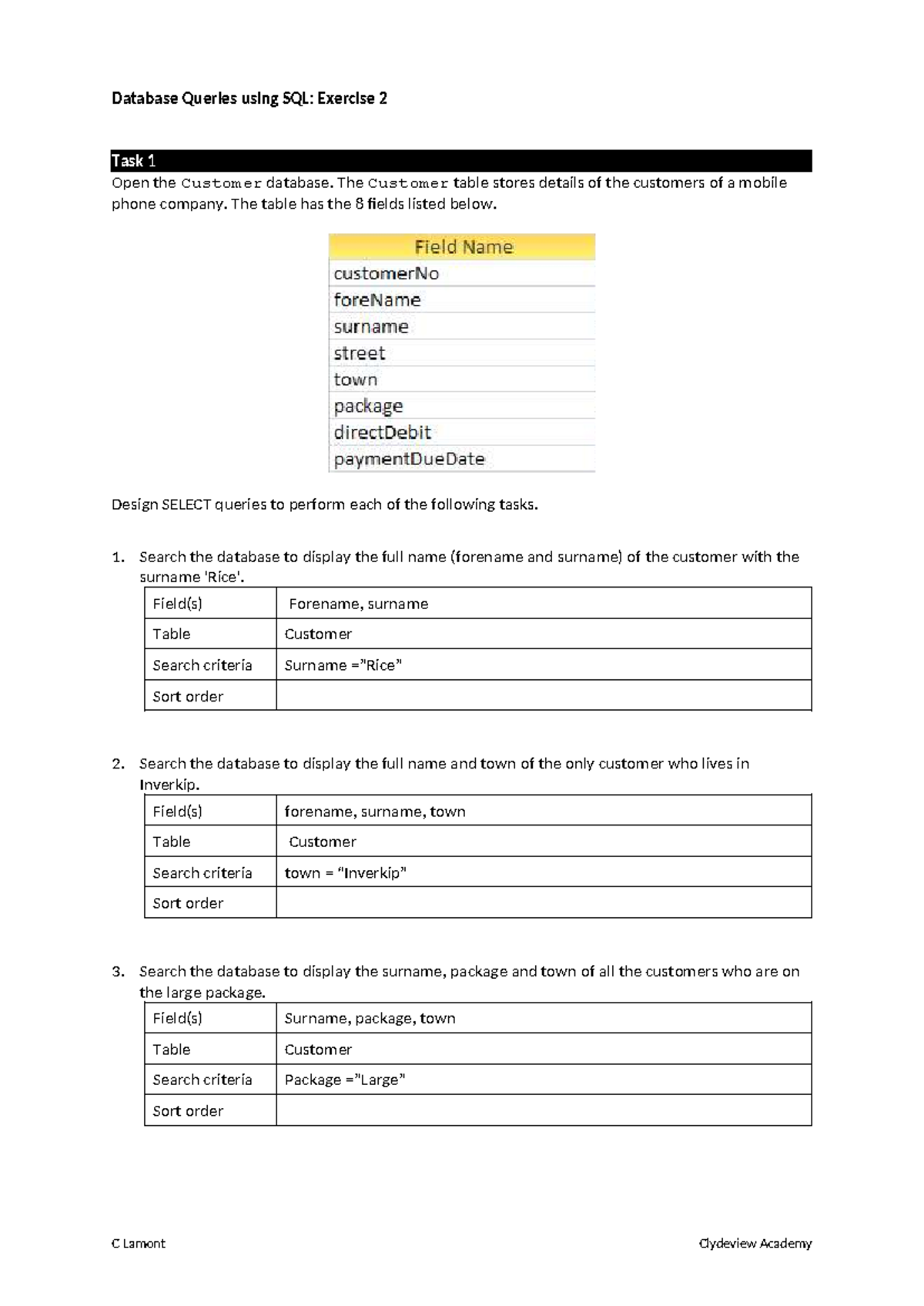 Database Queries using SQL: Exercise 02 - Customer Table Tasks - Studocu
