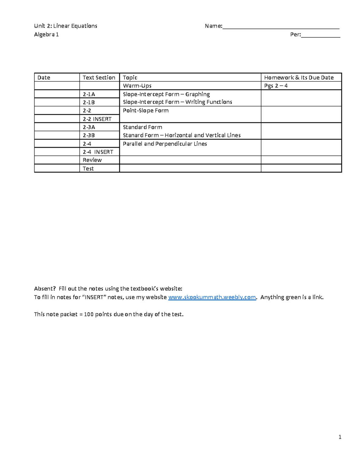 Unit 2 linear equations - Unit 2: Linear Equations Name
