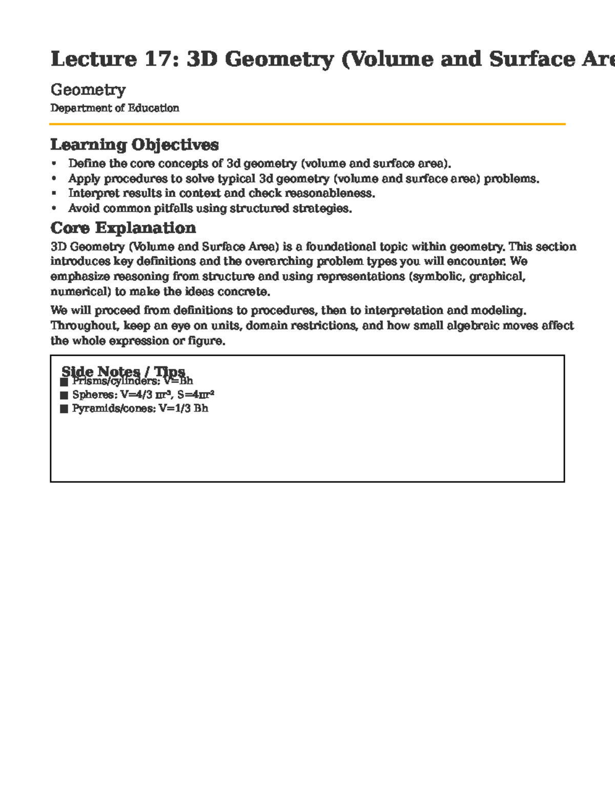 Lecture 17: 3D Geometry - Volume & Surface Area Concepts - Studocu