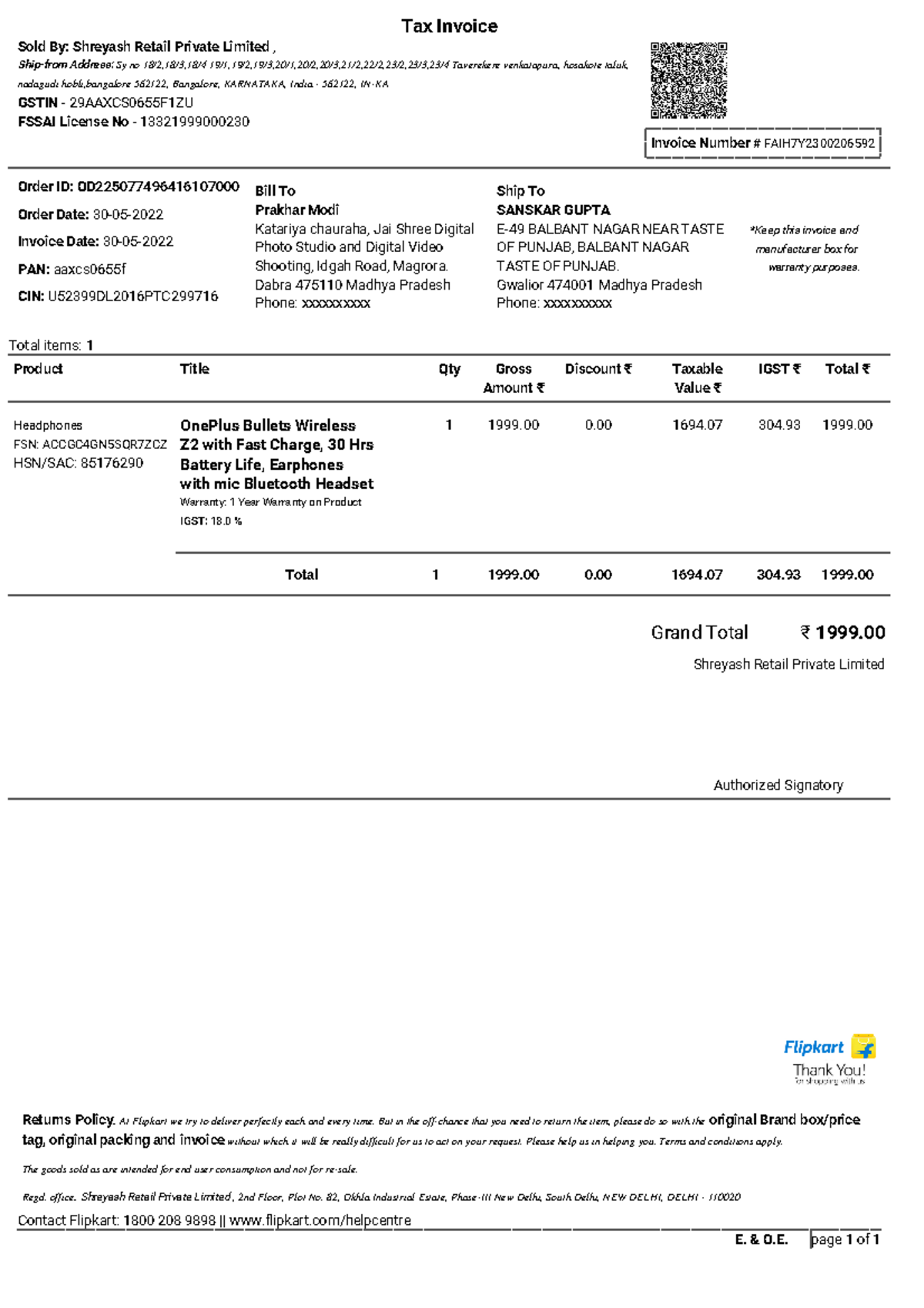 OnePlus Bullets Wireless Z2 Invoice - Order ID: OD, Total: ₹1999 - Studocu