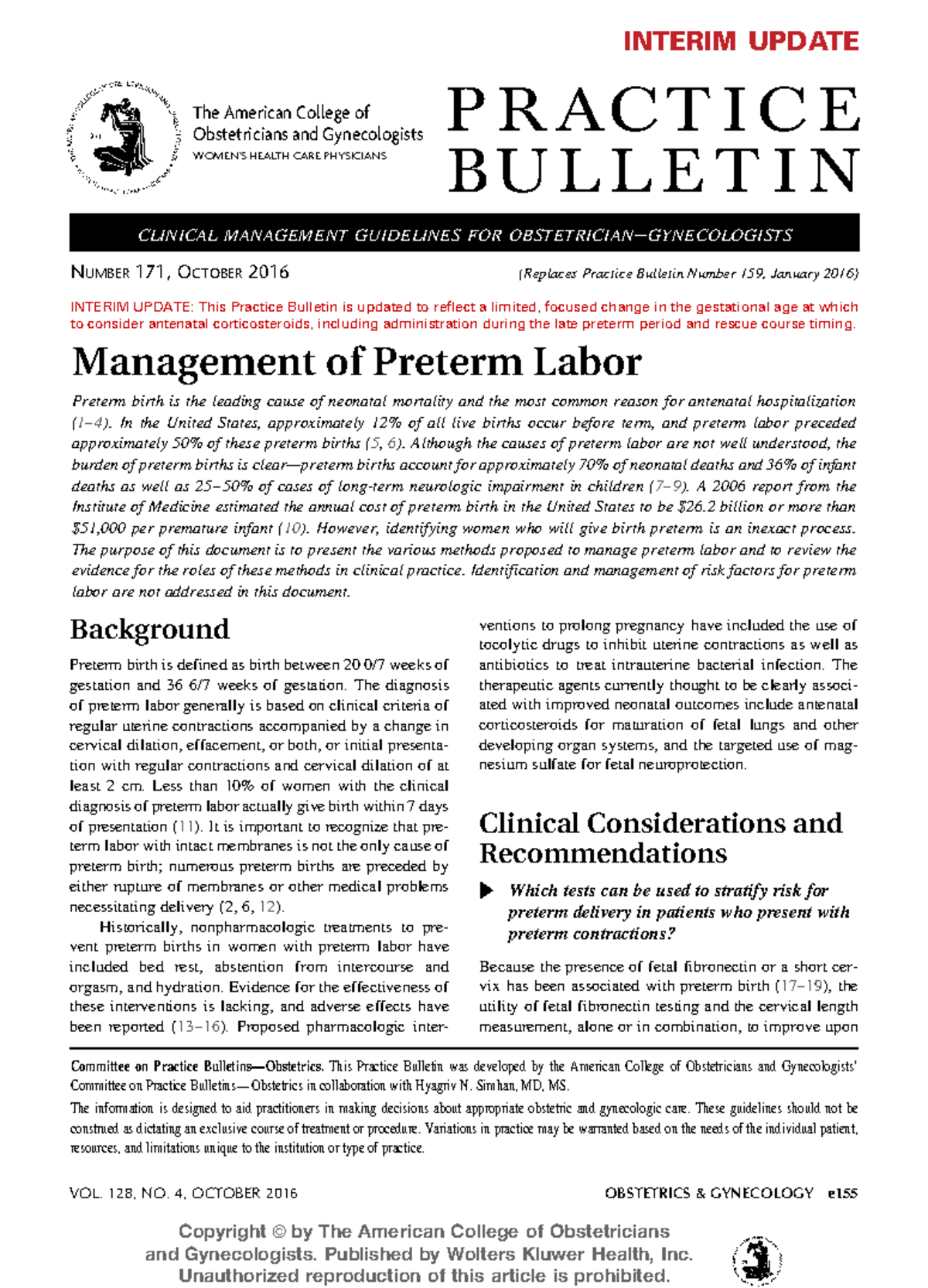 Practice bulletin no 171 2016 - Medical doctor - Studocu