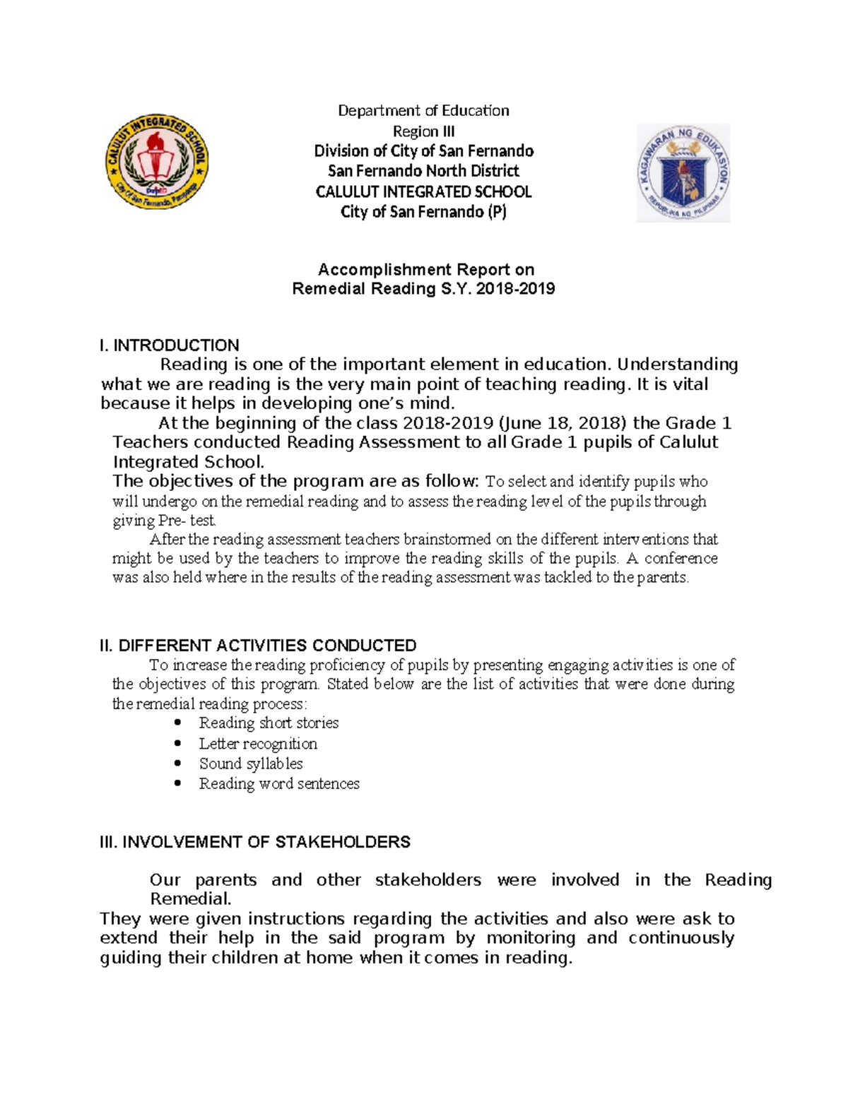 Accomplishment Report on Remedial Reading S.Y. 2018-2019 - Studocu