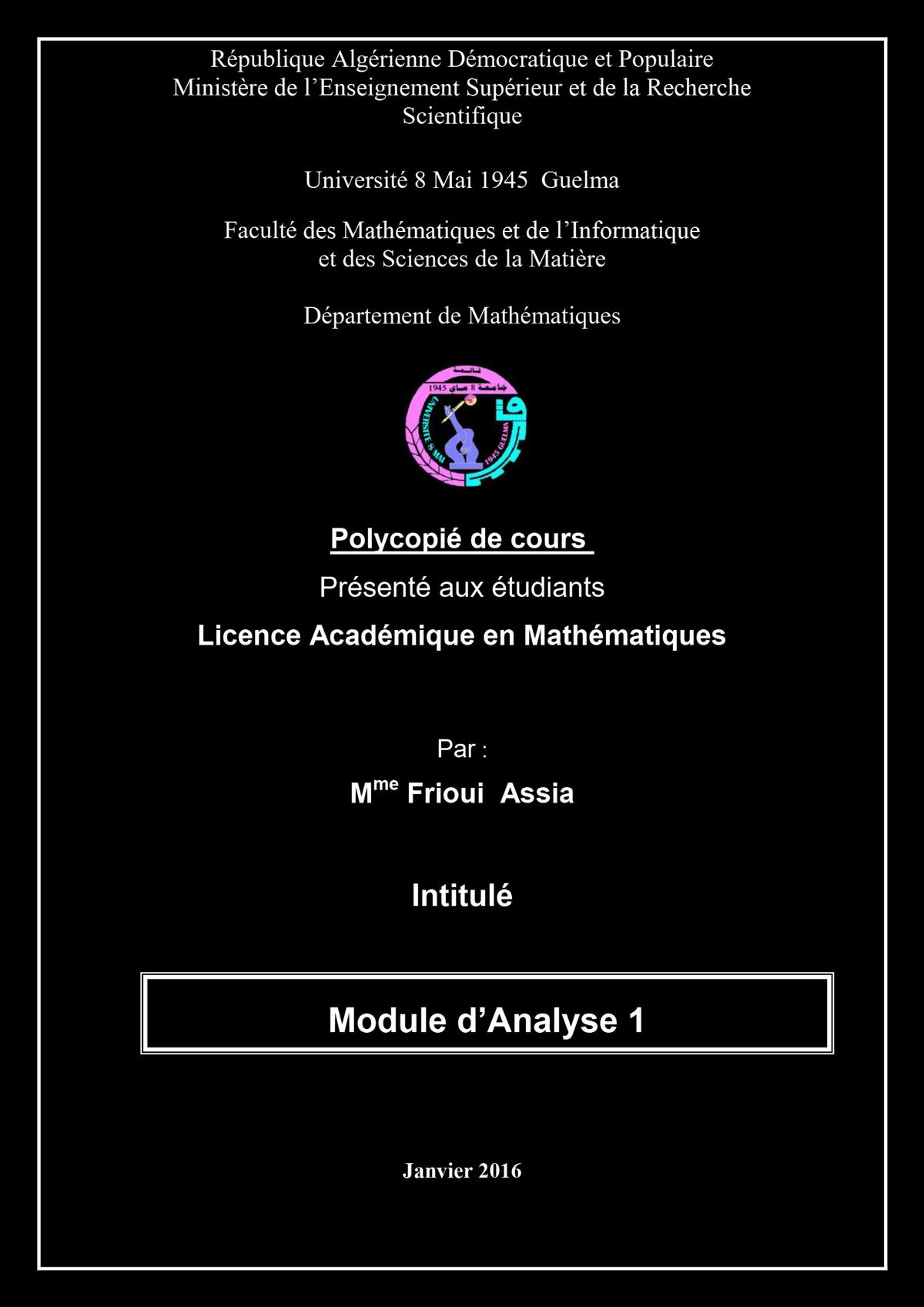 Cours d'Analyse 1 - Mathématiques 1945 - Polycopié de Module 1 - Studocu