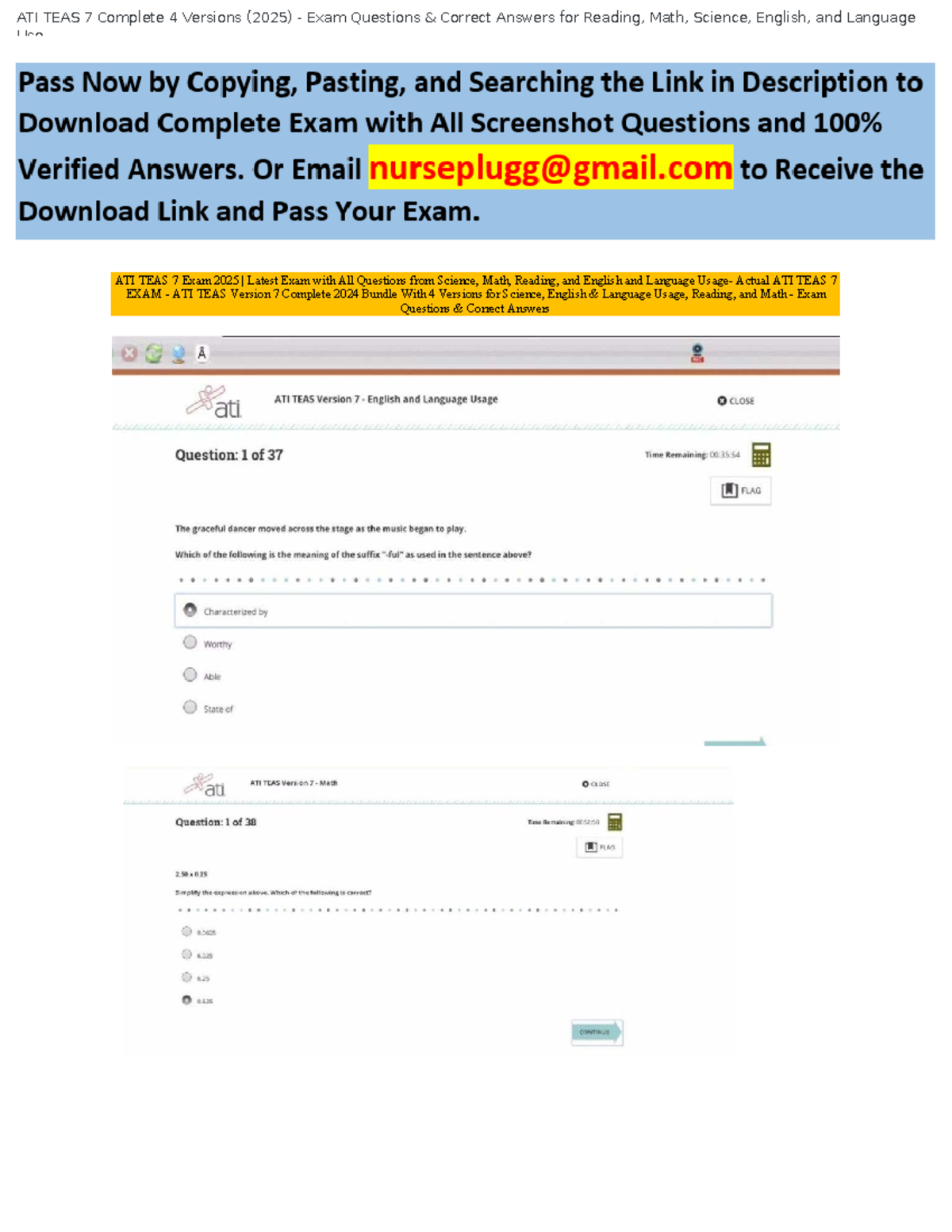 ATI TEAS 7 2025 Success Bundle: All 4 Versions with Correct Answers ...