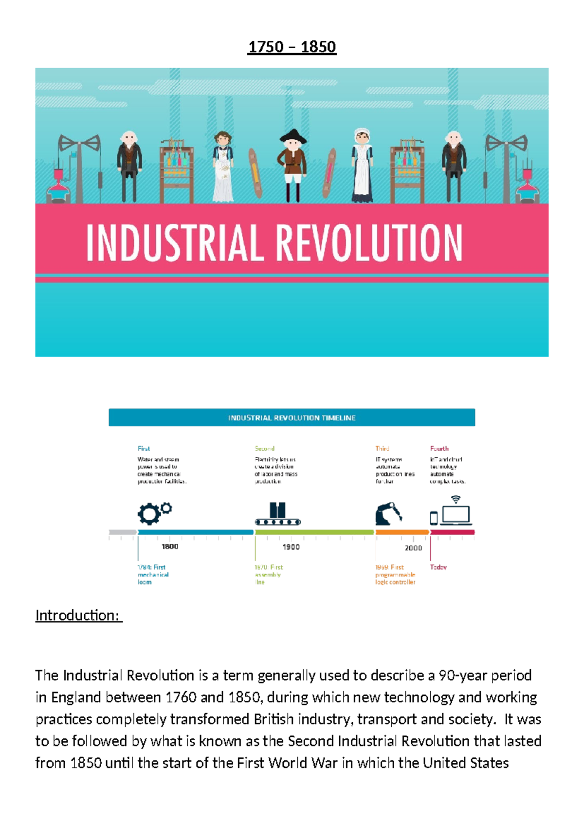 Industrial revolution booklet - 1750 – 1850 Introduction: The ...