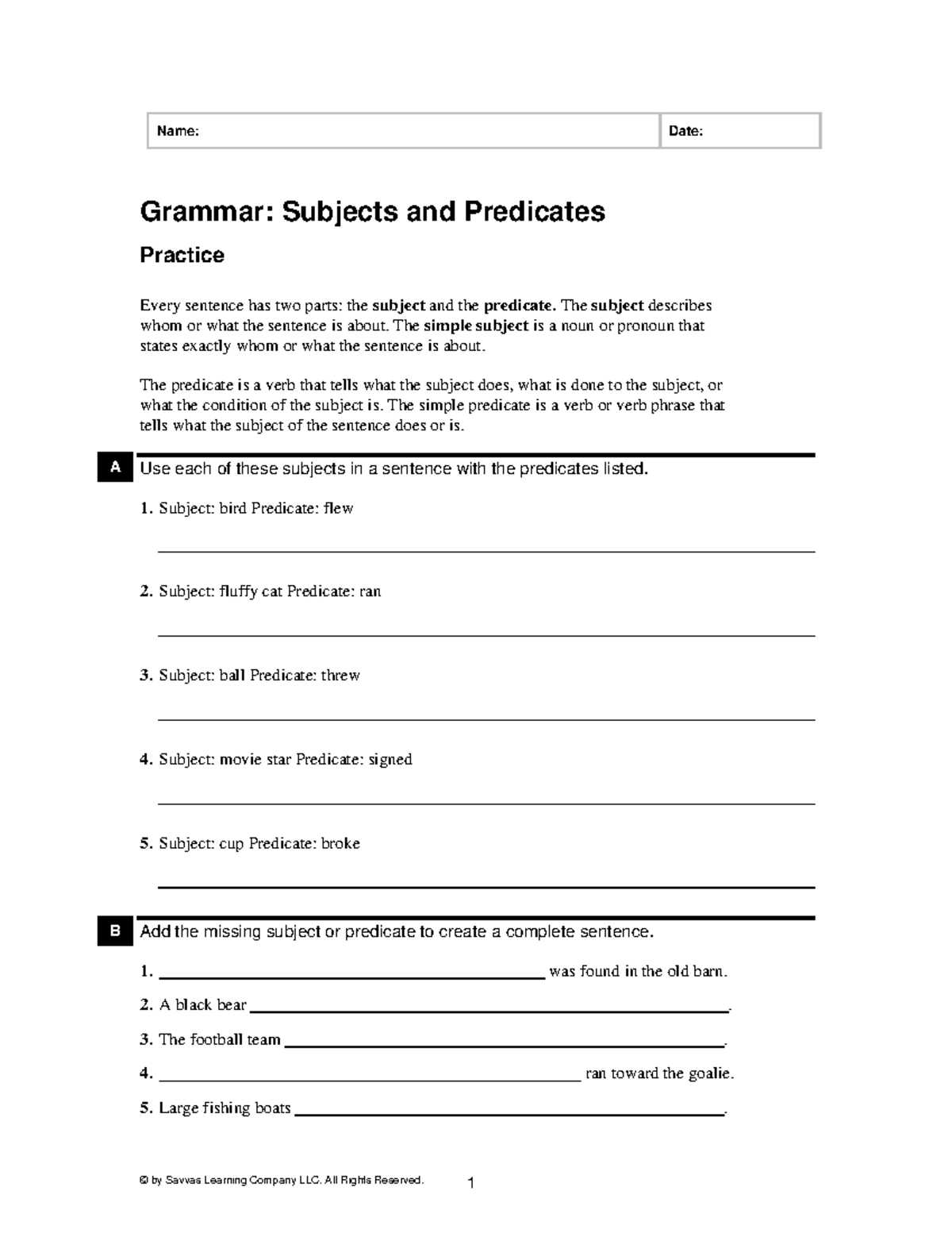 Grammar Worksheet: Subjects and Predicates Practice (PDF) - Studocu