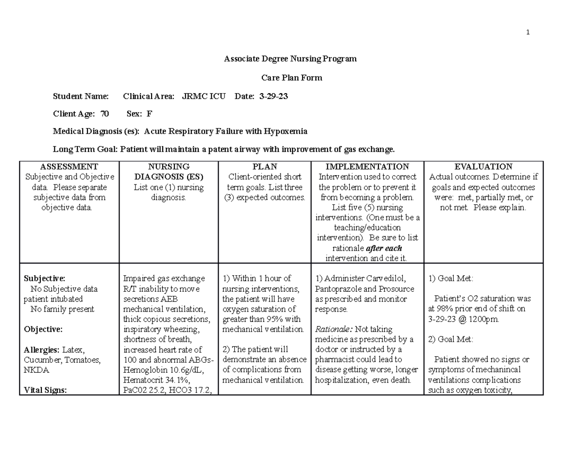 JRMC ICU Care Plan - Management of Acute Respiratory Failure ...