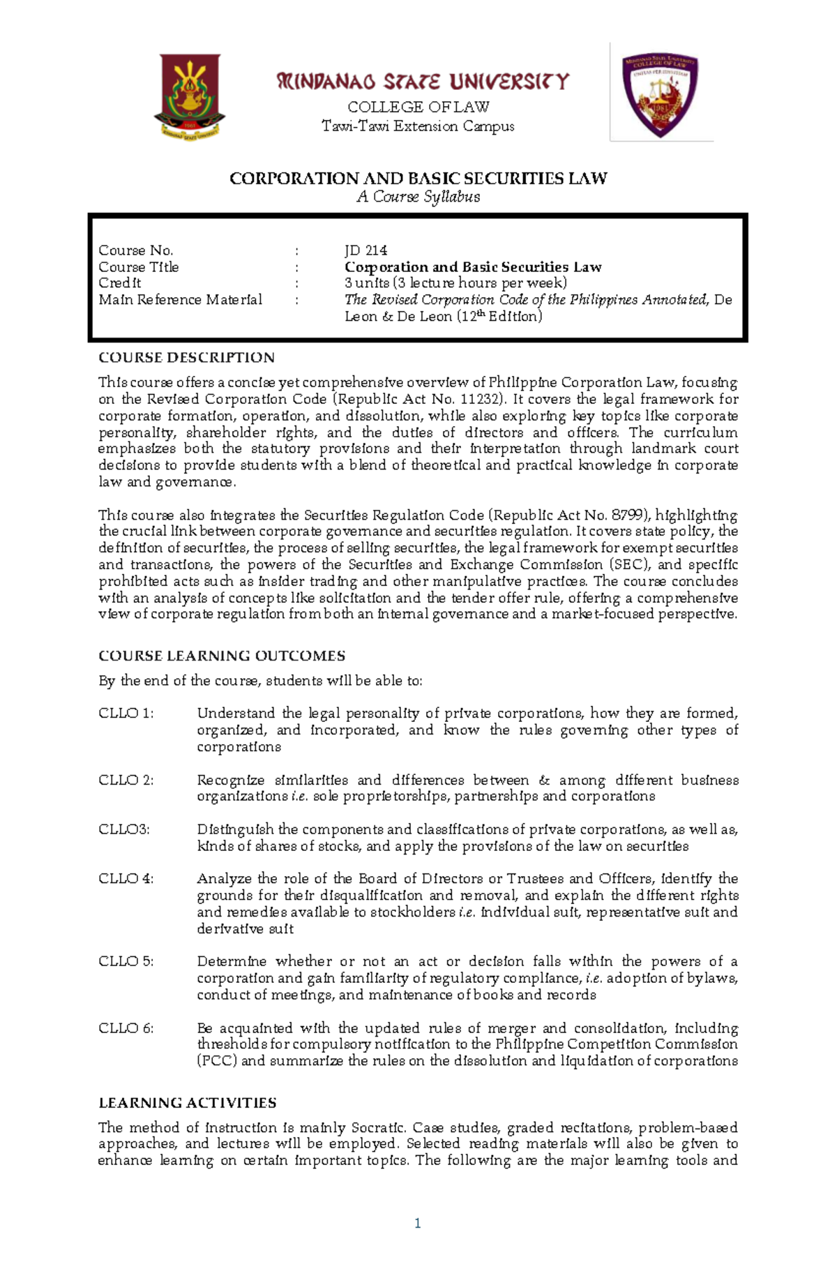 MSU-Law JD 214 Course Syllabus: Corporation & Basic Securities Law ...