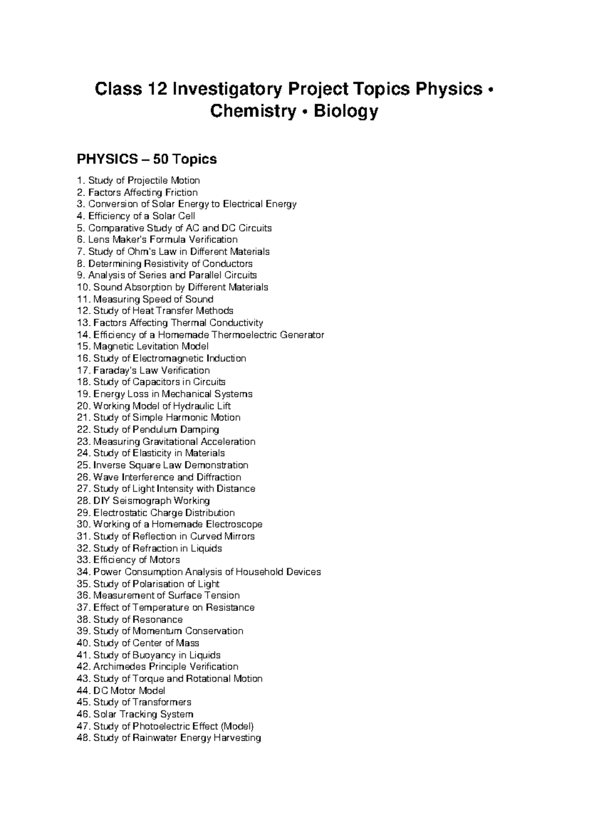 Class 12 Investigatory Project Topics in Physics & Chemistry - Studocu
