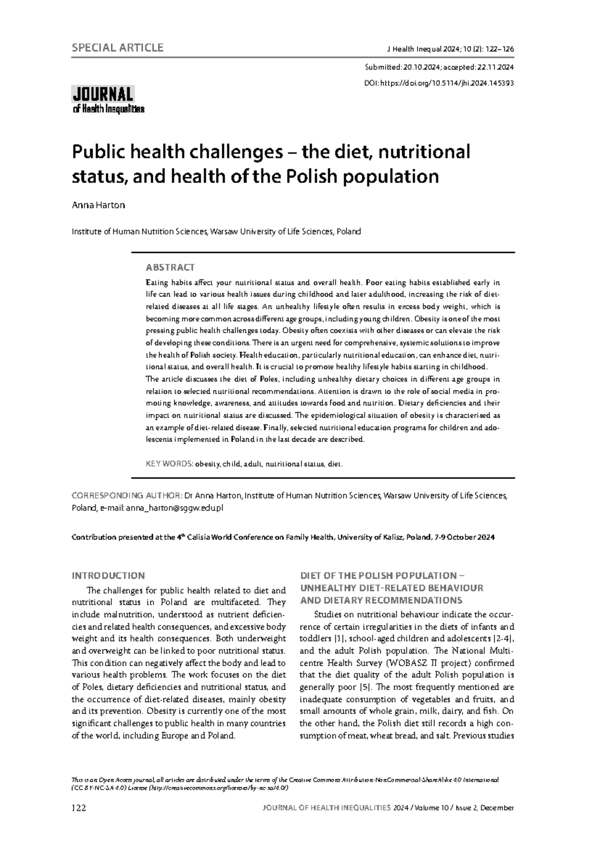 Public Health Challenges: Diet and Nutrition in Poland (JHI 55219-10 ...