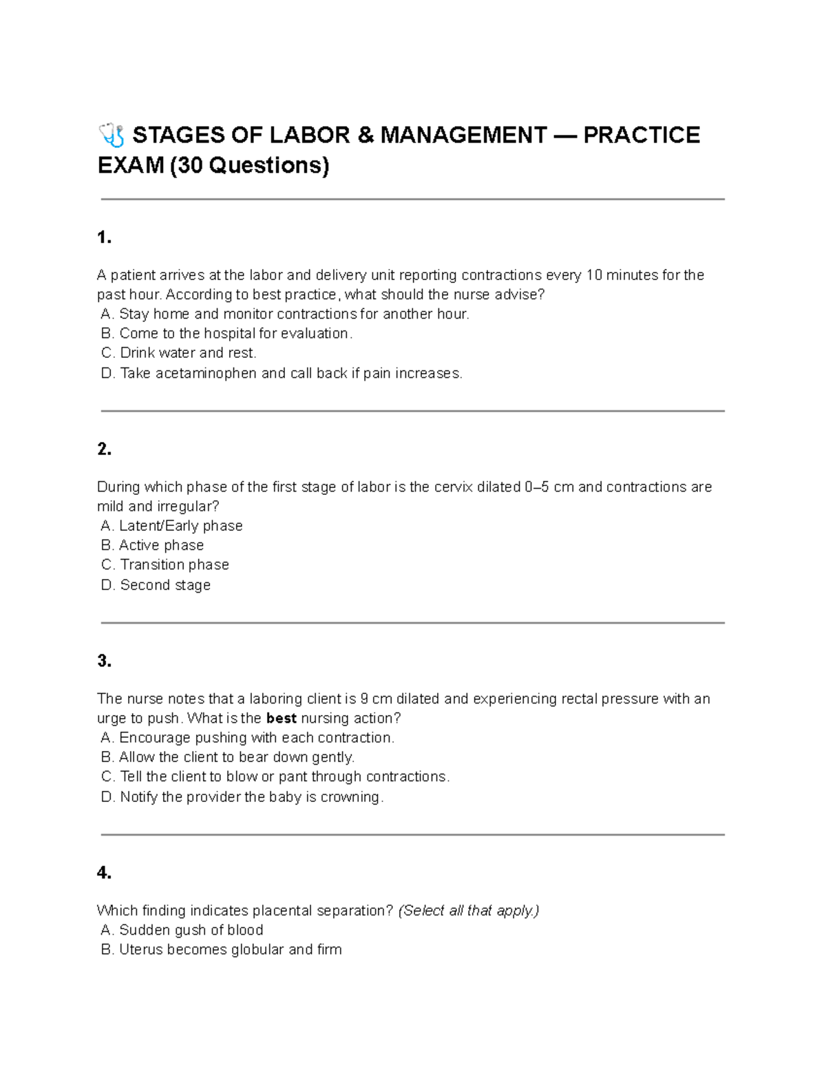 STAGES OF LABOR MANAGEMENT PRACTICE EXAM (30 Questions) - Studocu