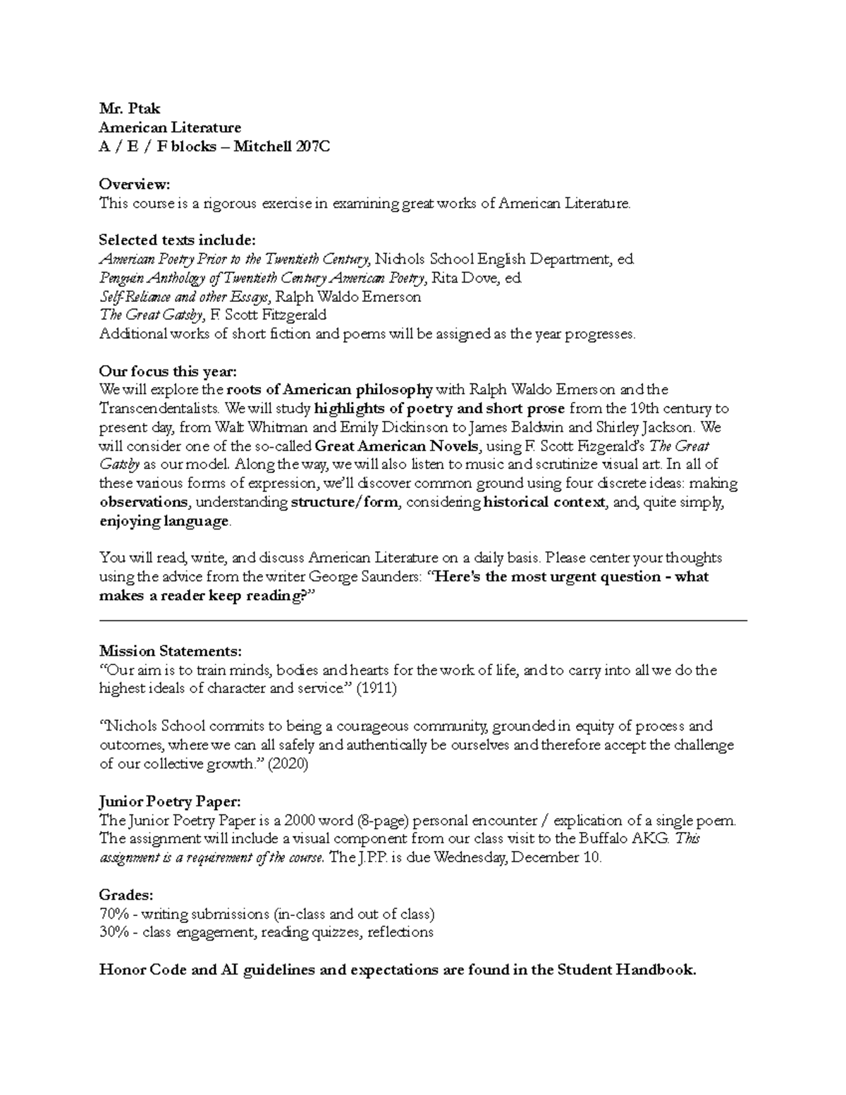 American Literature A E F Blocks Syllabus Overview and Rubrics - Studocu