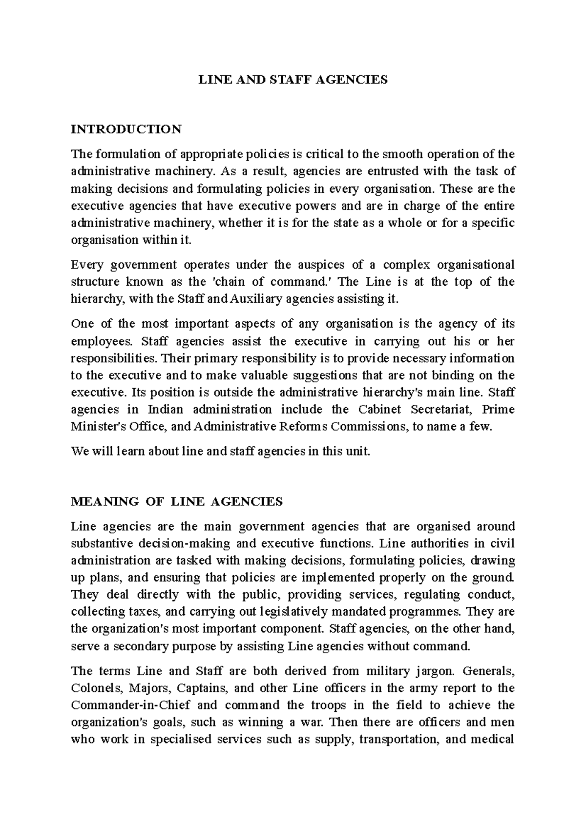 LINE AND Staff Agencies - LINE AND STAFF AGENCIES INTRODUCTION The ...
