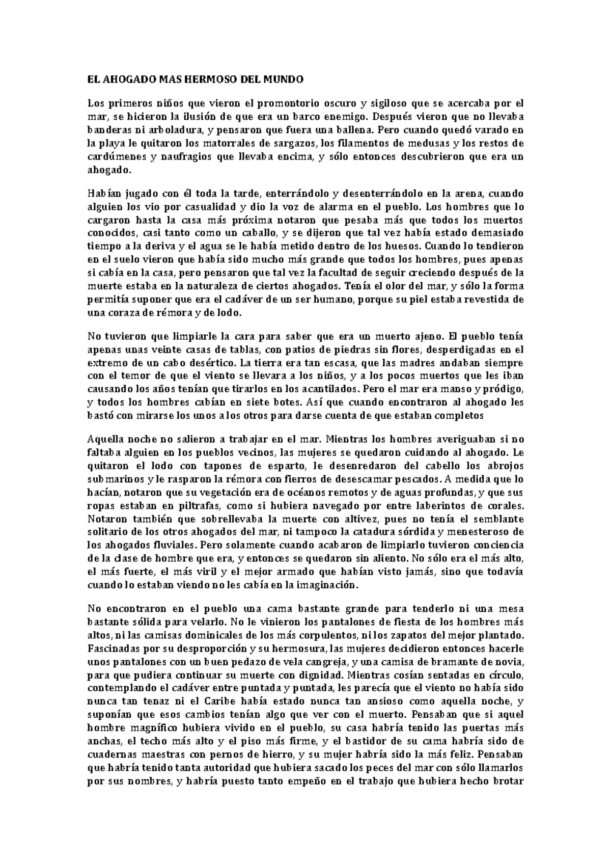 EL AHOGADO MÁS HERMOSO DEL MUNDO - Análisis y Reflexiones - Studocu