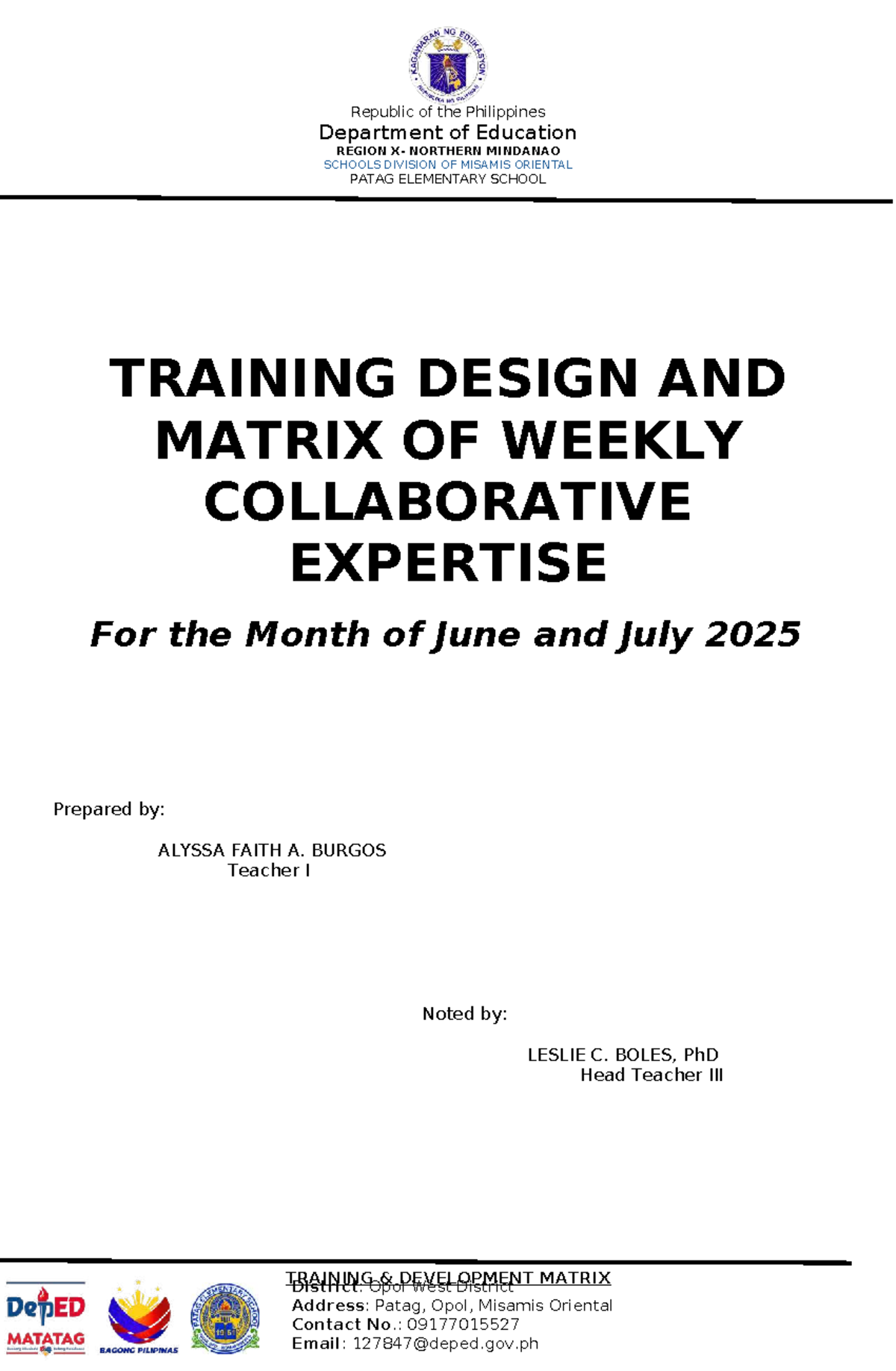 Training Design & Matrix for Collaborative Expertise (Opol West ...