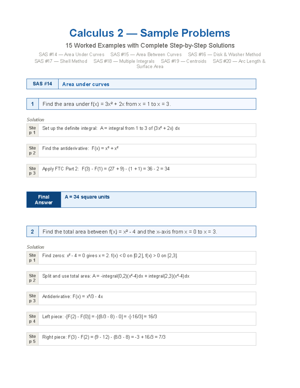 Calc 2 Sample Problems: 15 Worked Examples with Solutions SAS14 - Studocu