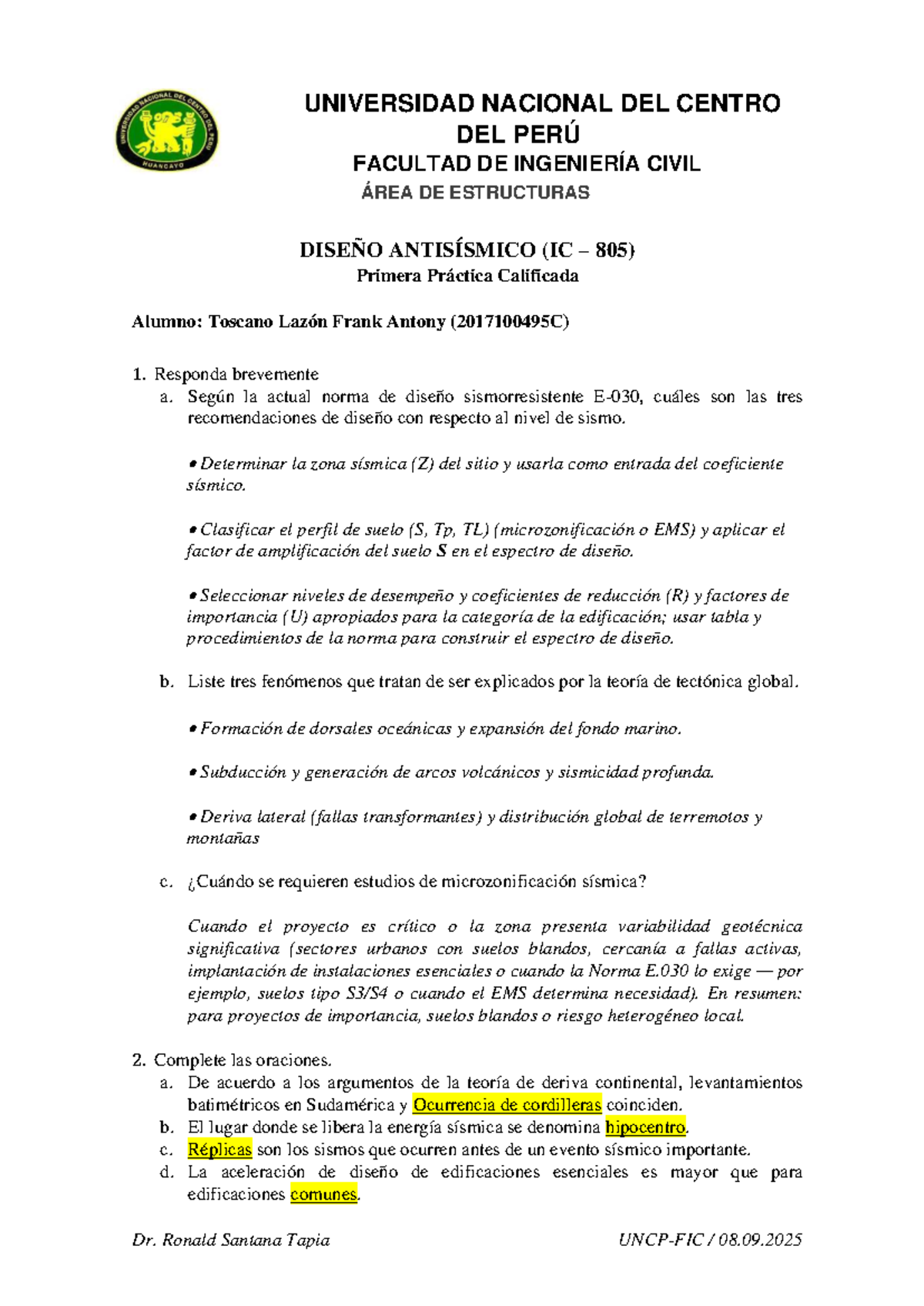 1ra Práctica Calificada Diseño Antisísmico (IC 805) - Respuestas y ...