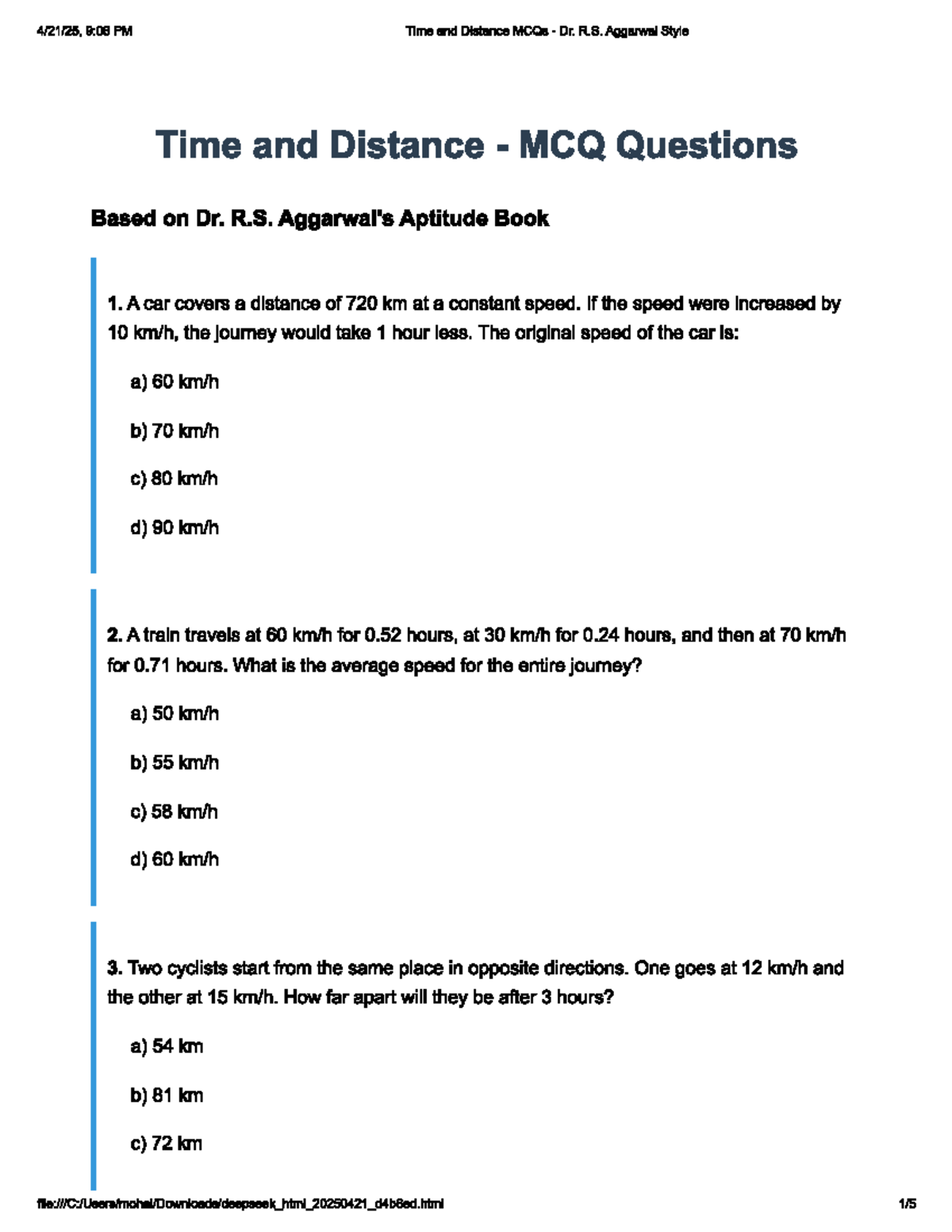 Time and Distance MCQs for Practice - Dr. R.S. Aggarwal Style - Studocu